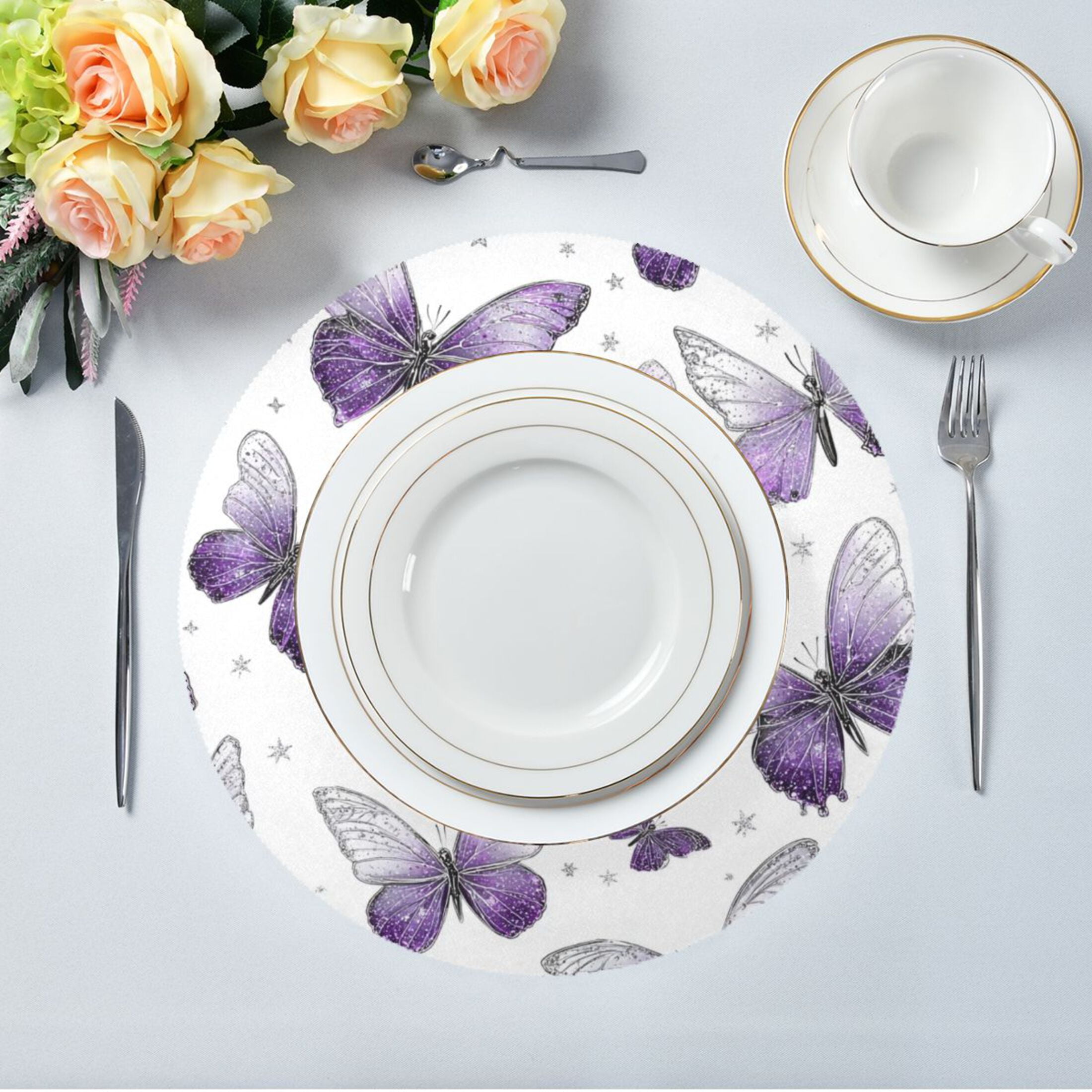 15.4" Round Placemat Set of 6 Polyester Fabric Place Mats Non-Slip ...