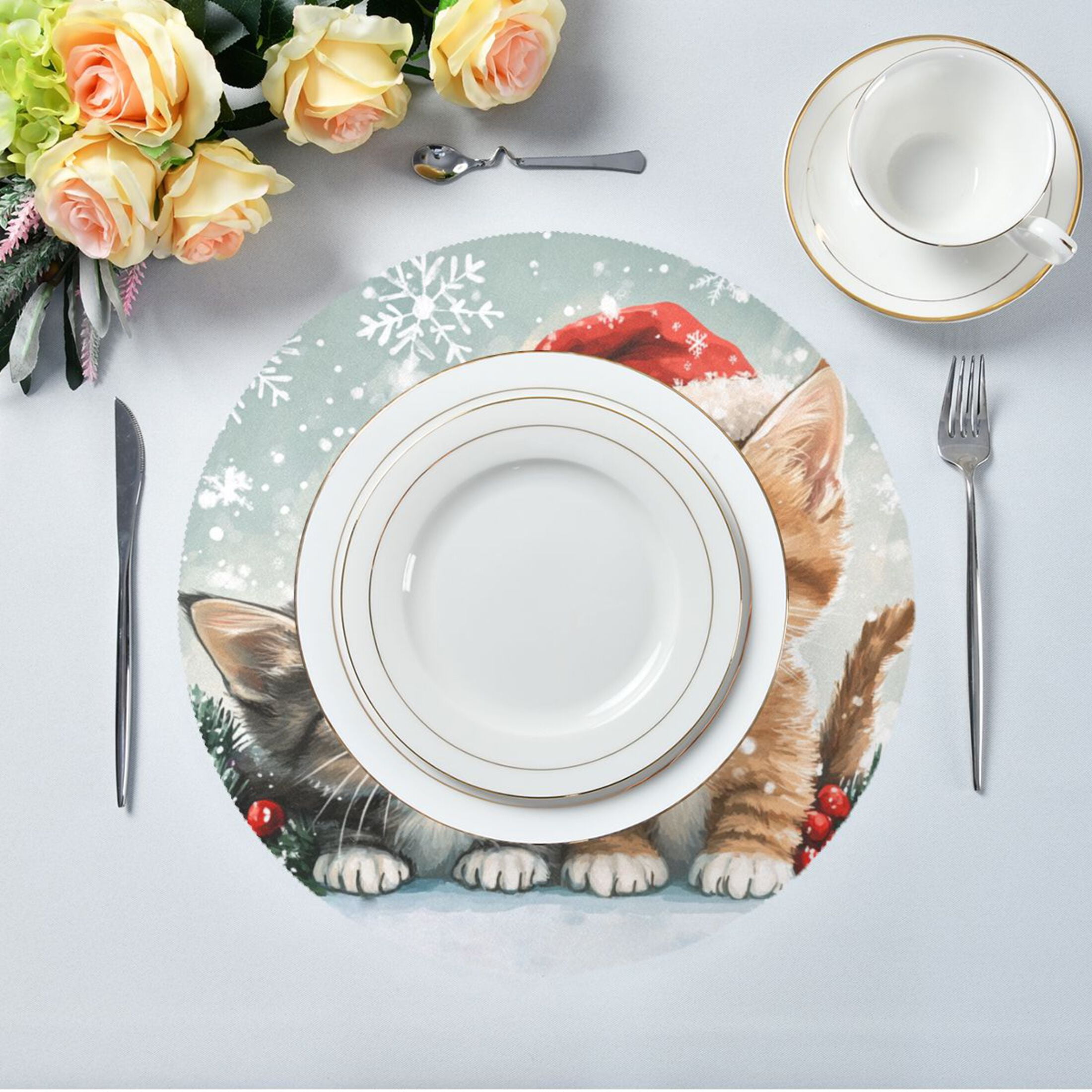 15.4" Round Placemat Set of 1 Polyester Fabric Place Mats Non-Slip ...