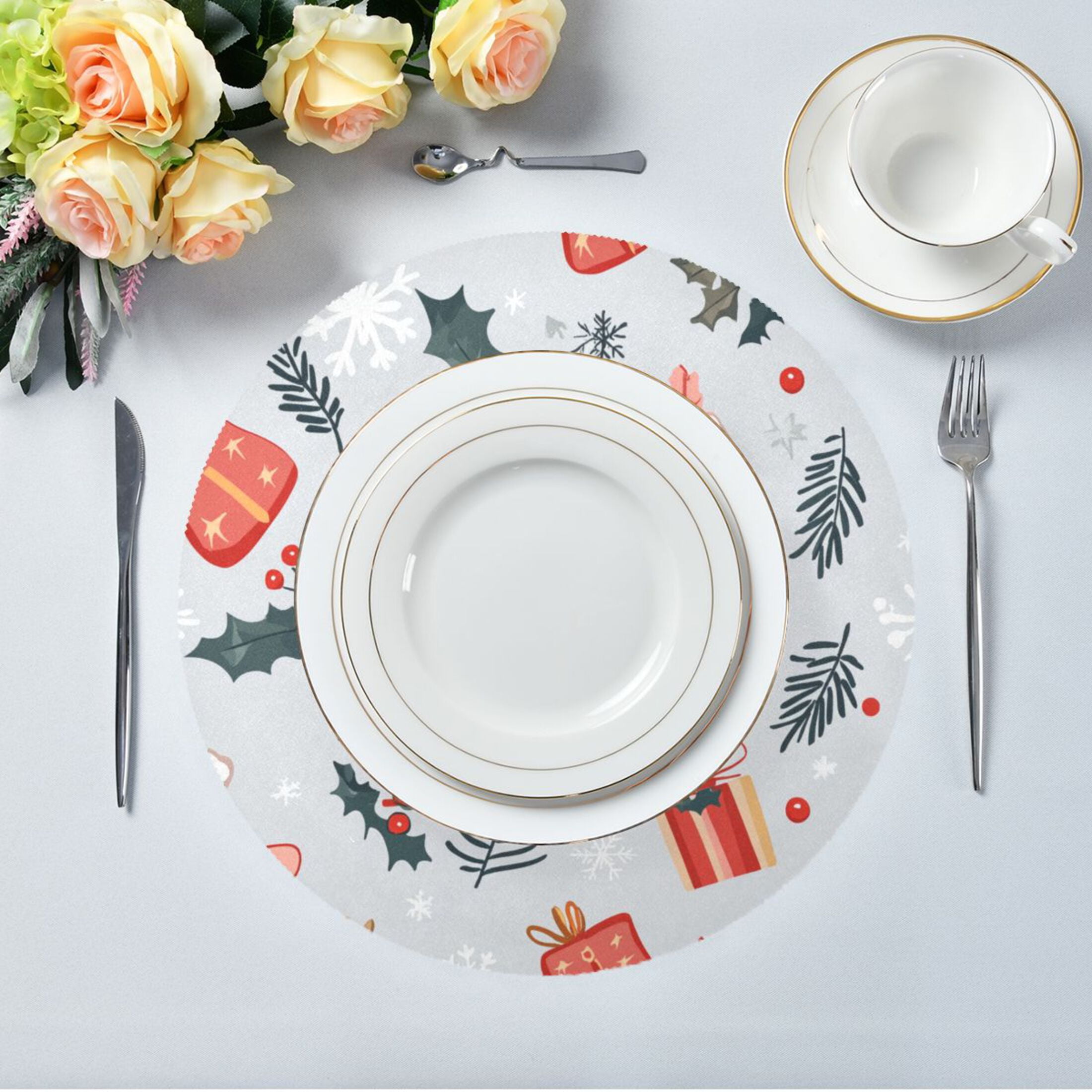 15.4" Round Placemat Set of 4 Polyester Fabric Place Mats Non-Slip ...