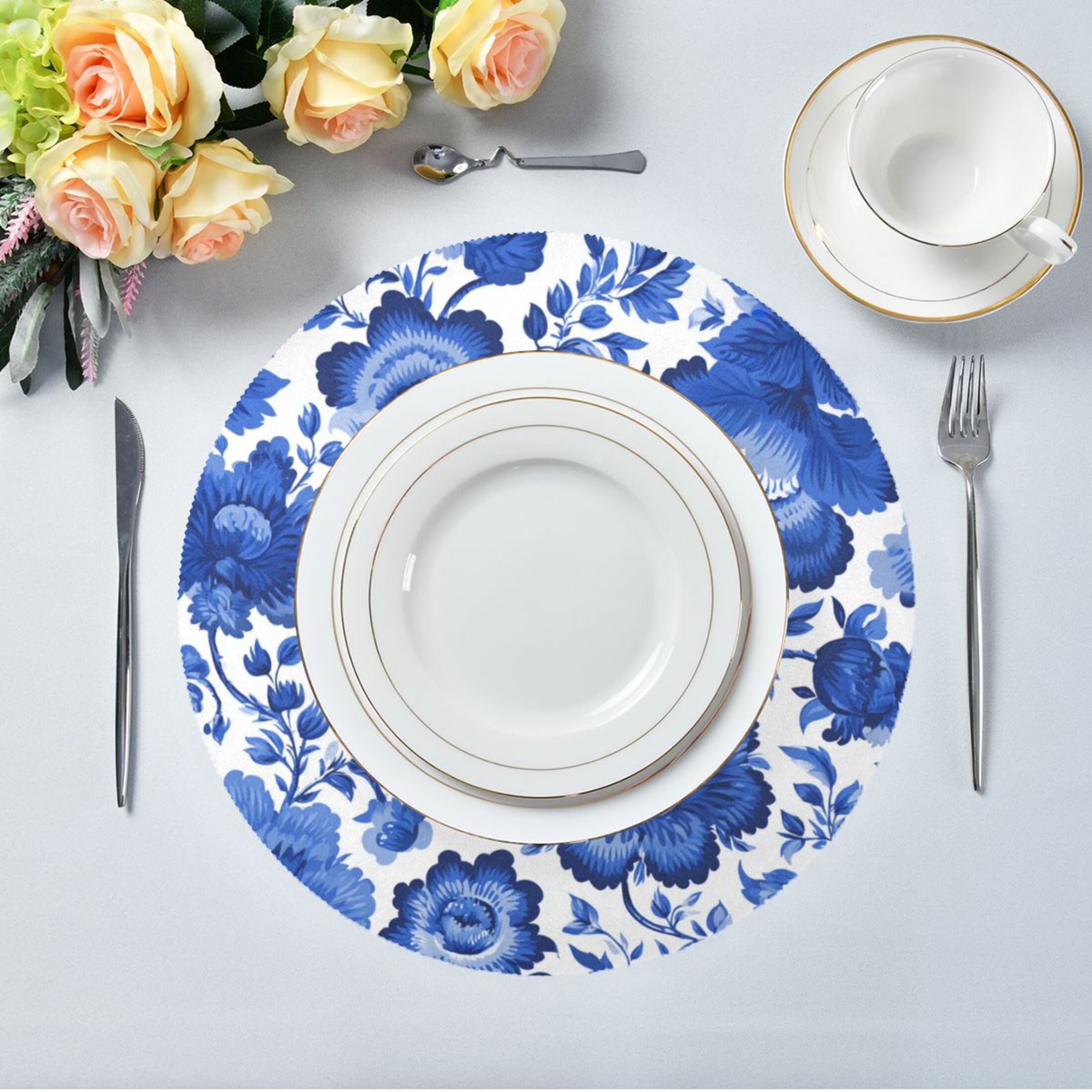 15.4" Round Placemat Set of 6 Polyester Fabric Place Mats Non-Slip ...