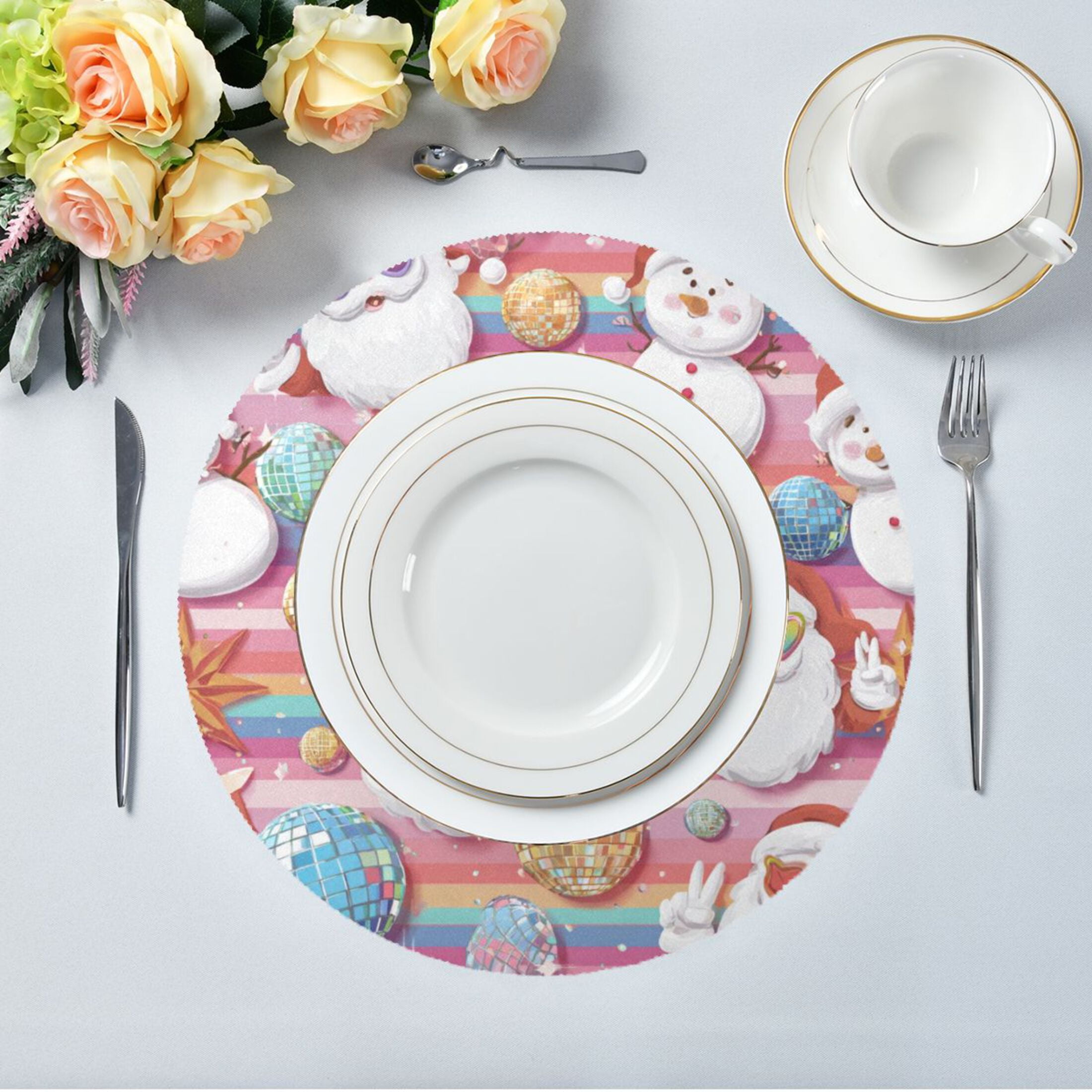 15.4" Round Placemat Set of 6 Polyester Fabric Place Mats Non-Slip ...