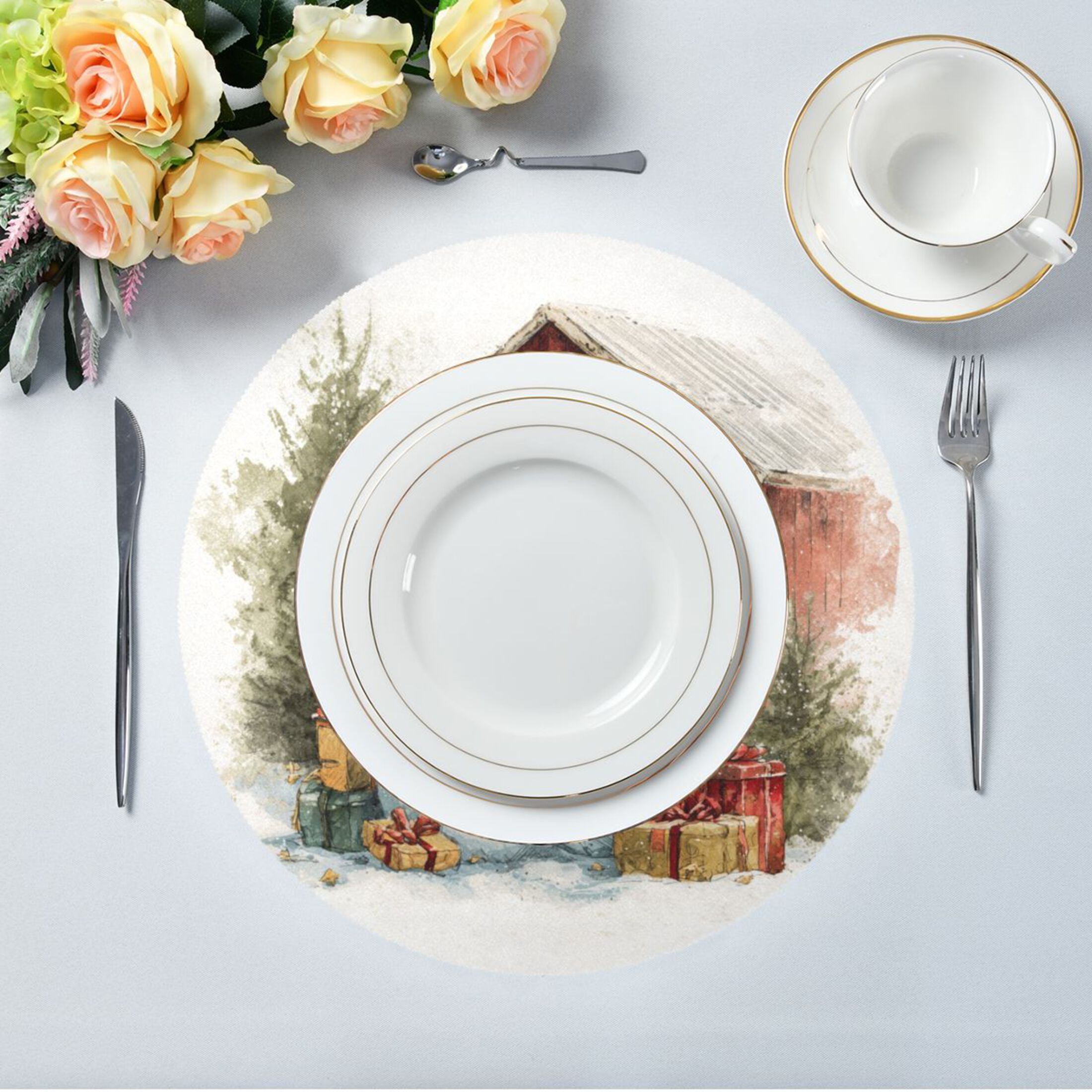 15.4" Round Placemat Set of 6 Polyester Fabric Place Mats Non-Slip ...