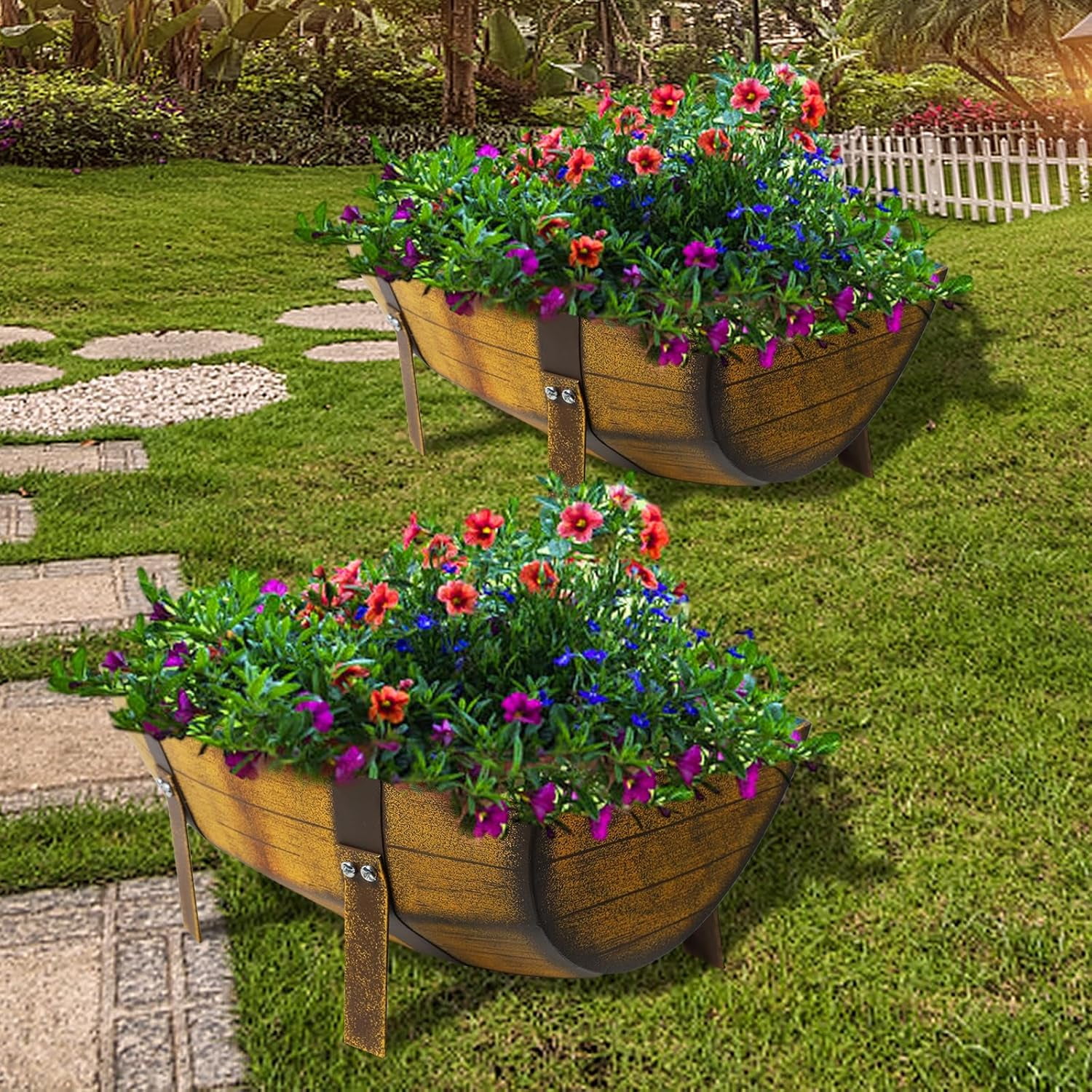 15.43In 2 Pack Rustic Barrel Planters, Decorative Outdoor Garden ...