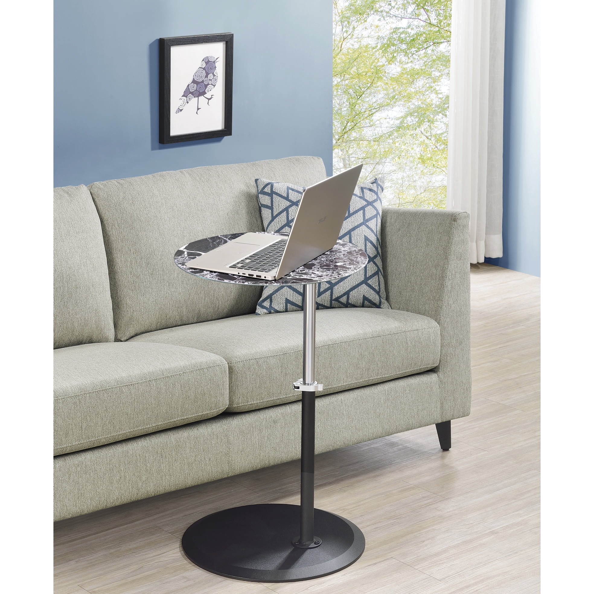 15.5" End Table With Marble Textured Glass, Adjustable Height Black Top ...