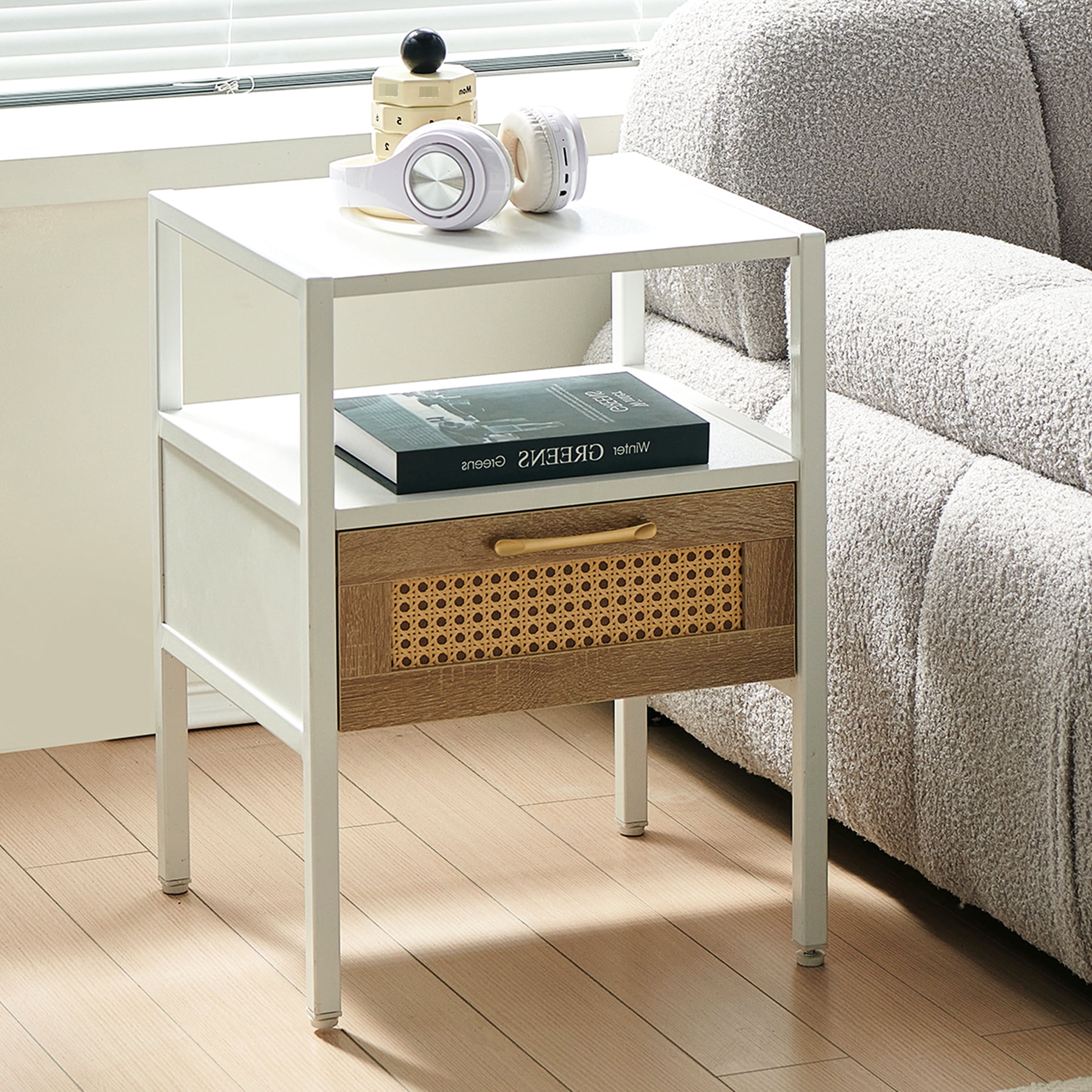 15.54" End Table With Drawer, Chic Modern Nightstand. White, Metal Legs ...