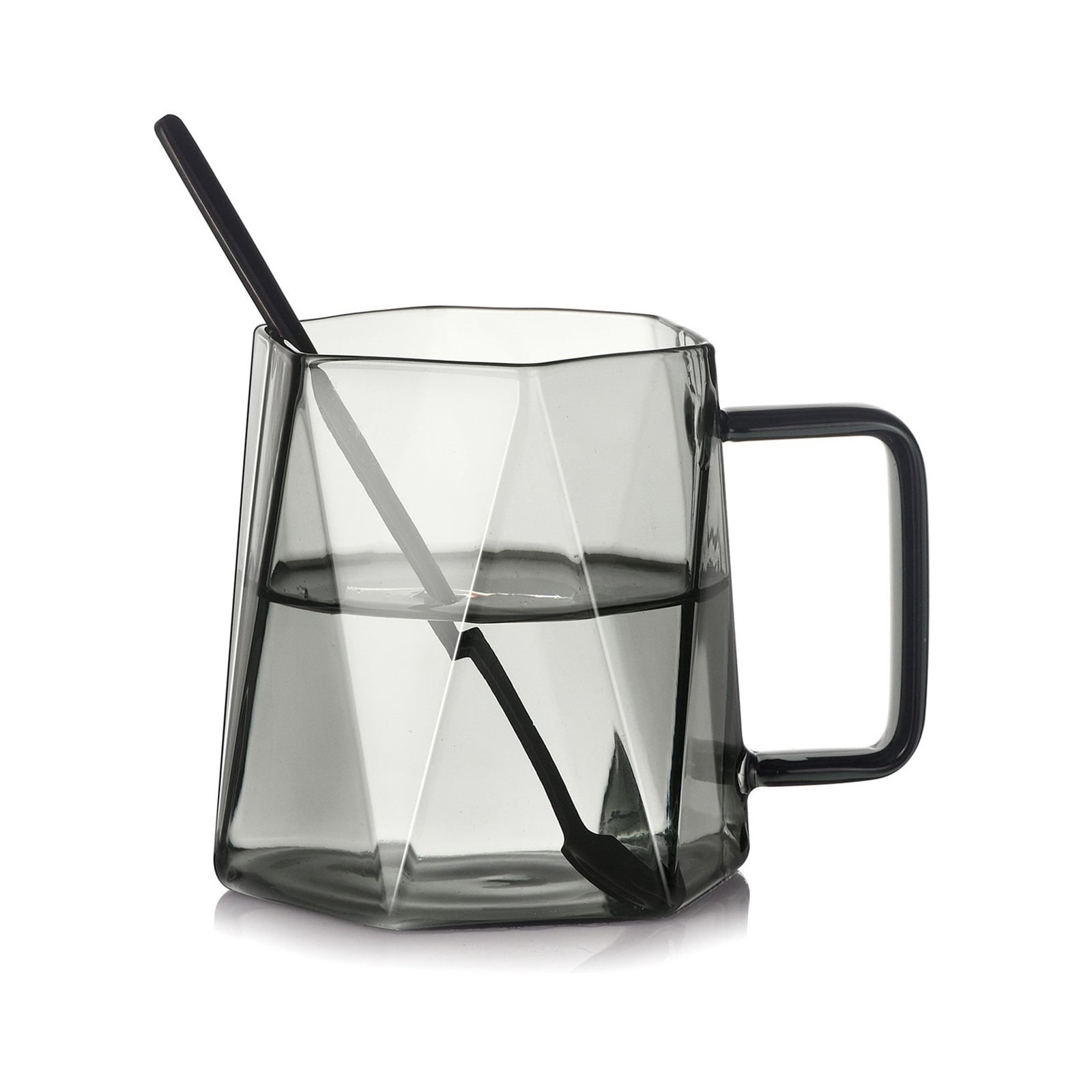 15.5Oz Diamond Glass Cup with Spoon, Black Borosilicate Glass Drinking ...