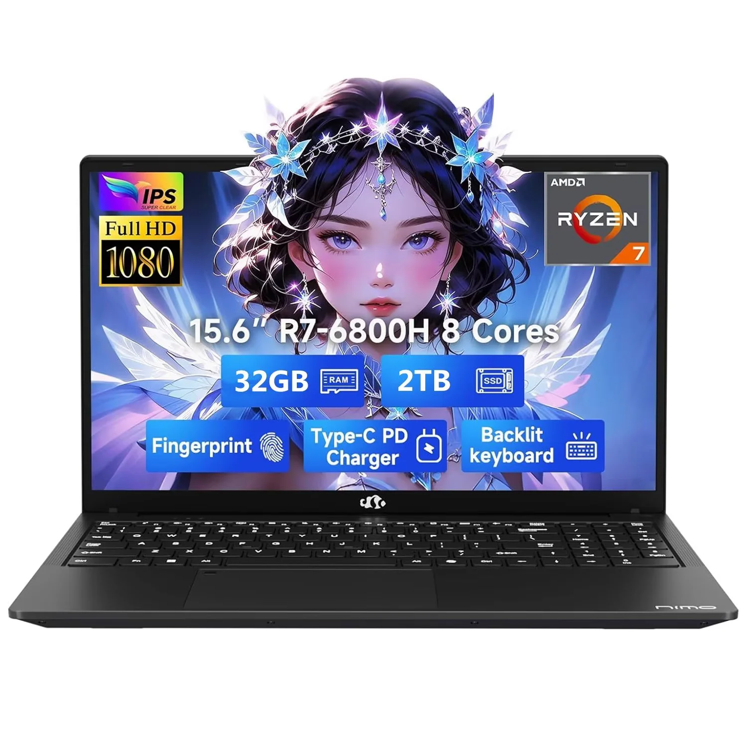 15.6" IPS FHD Gaming Laptop, 8 Cores AMD Ryzen 7 6800H 32GB DDR5 RAM ...