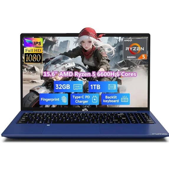 15.6" IPS FHD Gaming Laptop, AMD Ryzen 5 6600H 6 Cores 32GB DDR5 RAM ...