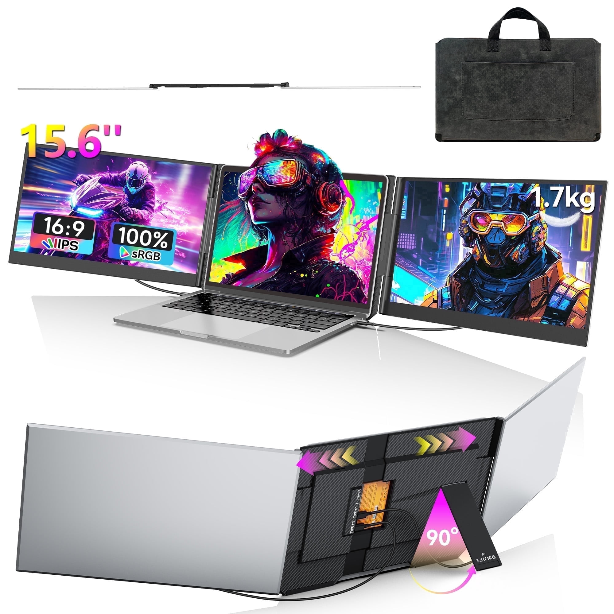 15.6" Triple Portable Monitor for Laptop, FHD 1080P 60Hz, 180 ...