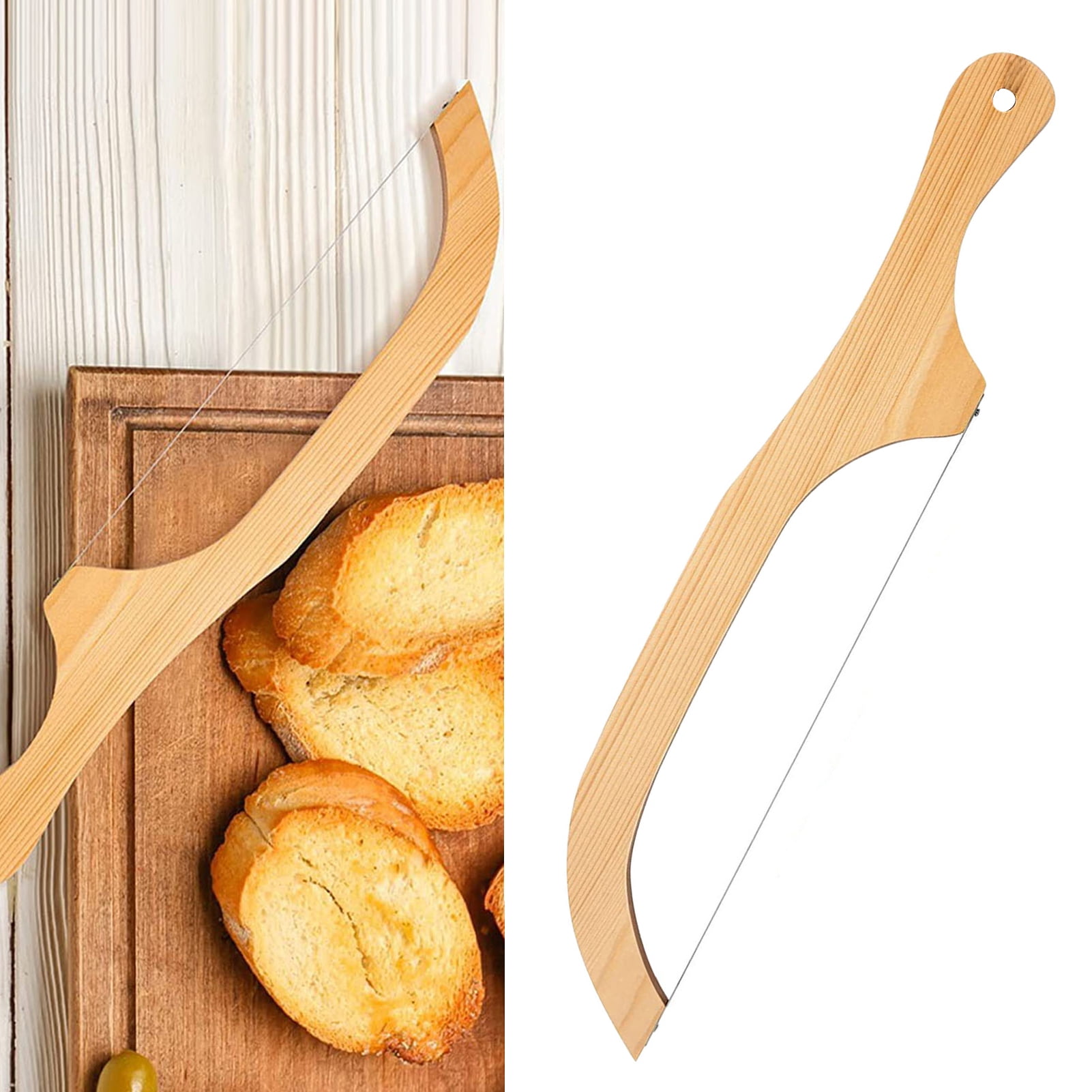 15.7" Bread Bow Cutter Wooden Knife Serrated Bagel Cutter Stainless ...