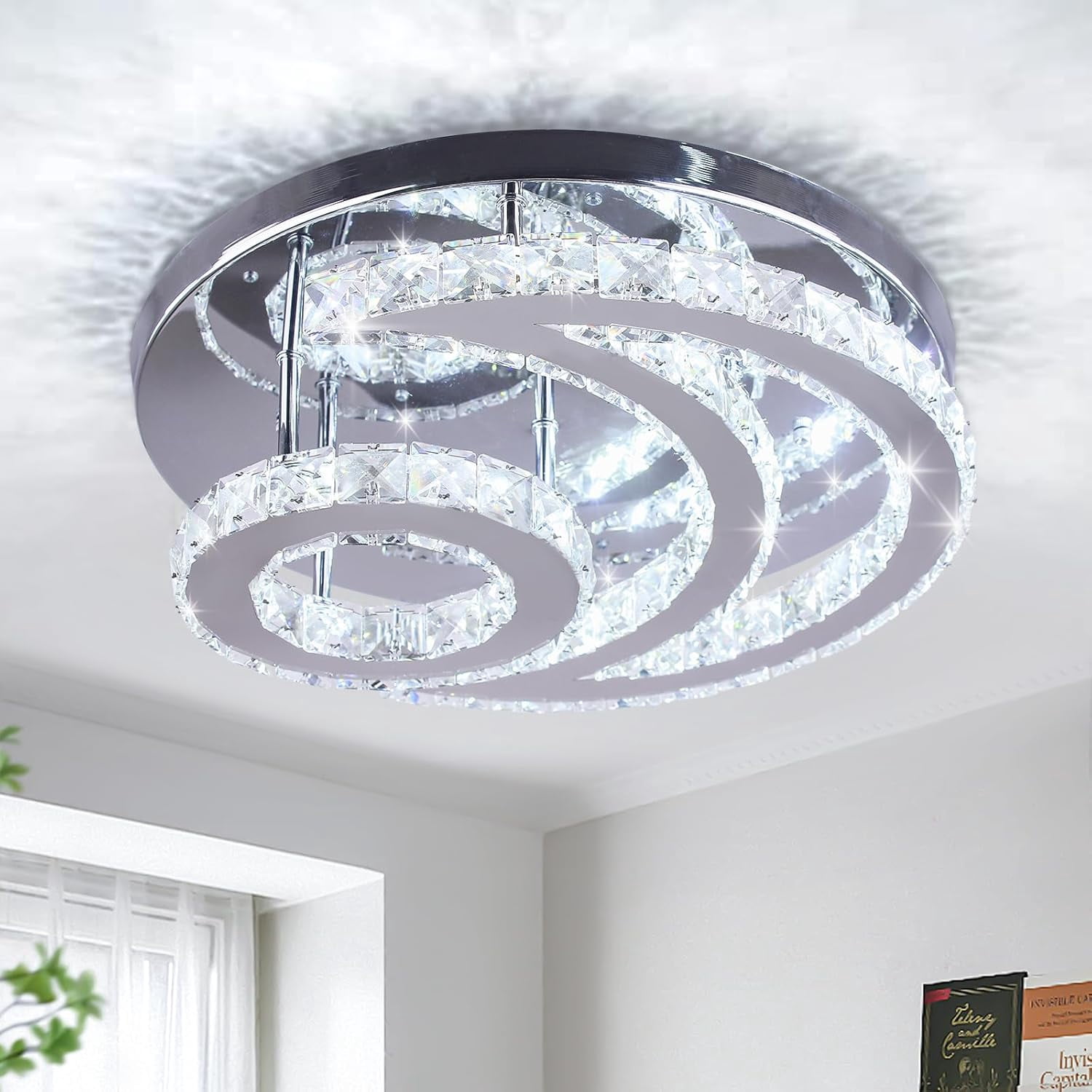 15.7" Crystal Chandelier Modern LED Ceiling Light Moon Shape Crystal ...