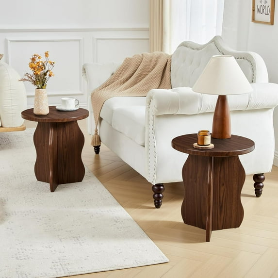15.7" Dx17.9 H Wood Side Table, Small Round End Table Set of 2, Unique ...
