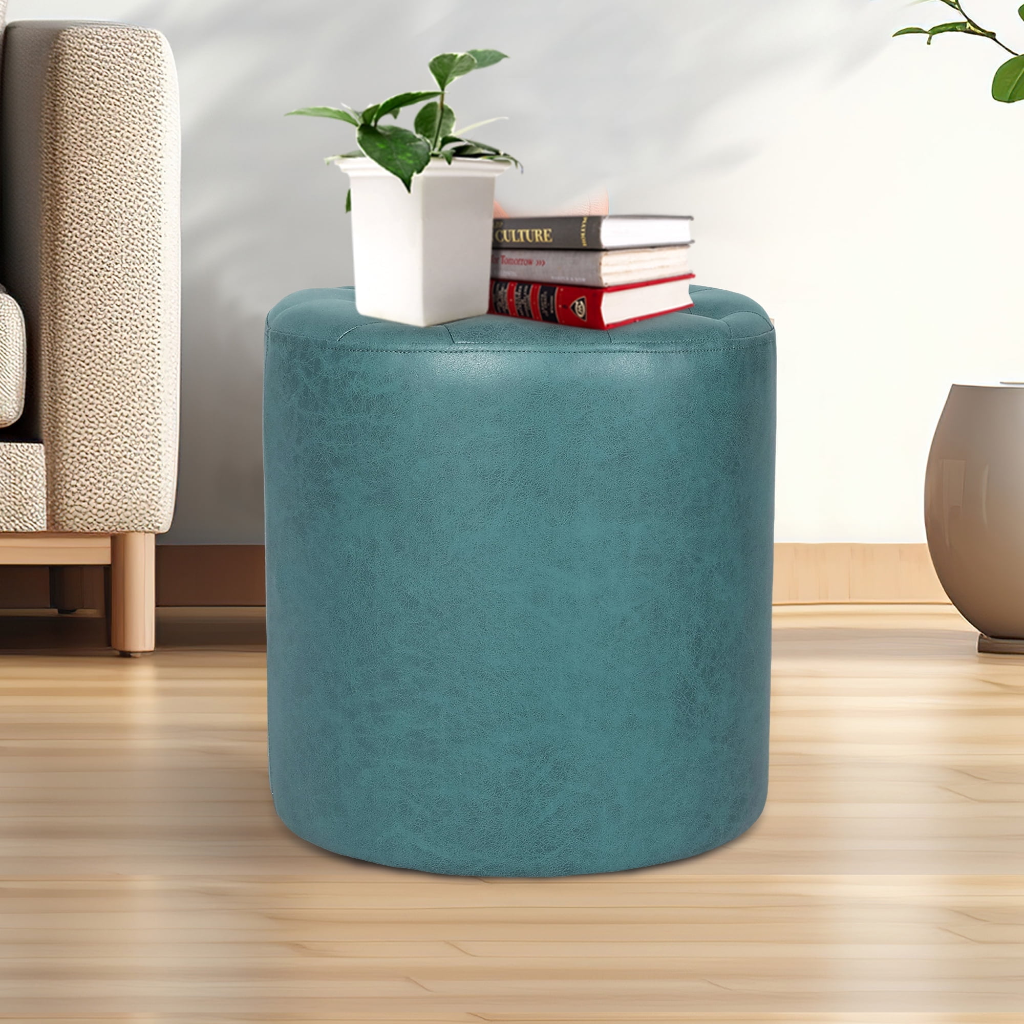 15.7'' Faux Leather Ottoman Round Footstool, 250 lbs Capacity ...