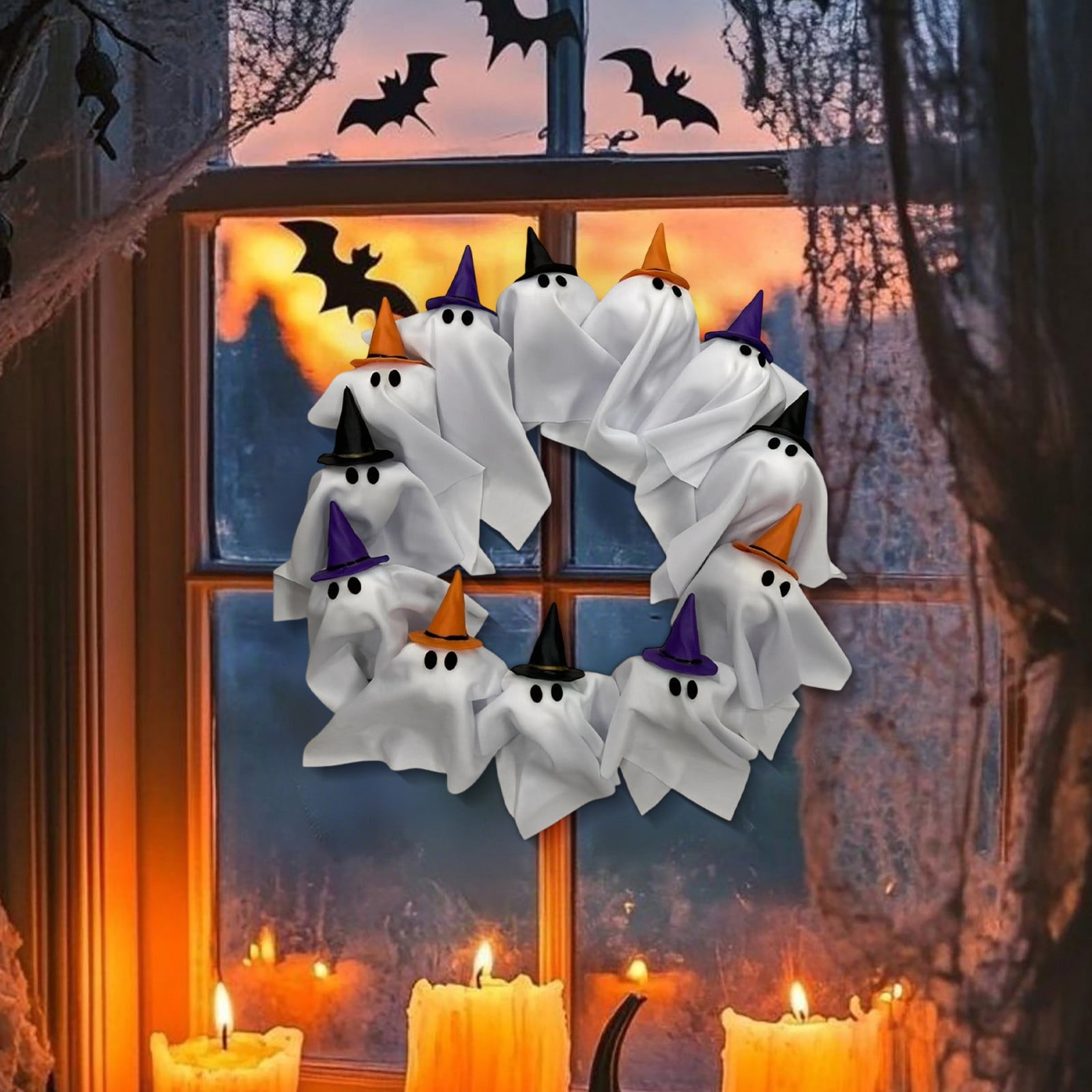 15.7"Halloween Ghost Wreath with Witch Hats,Spooky Fabric Door Ornament ...