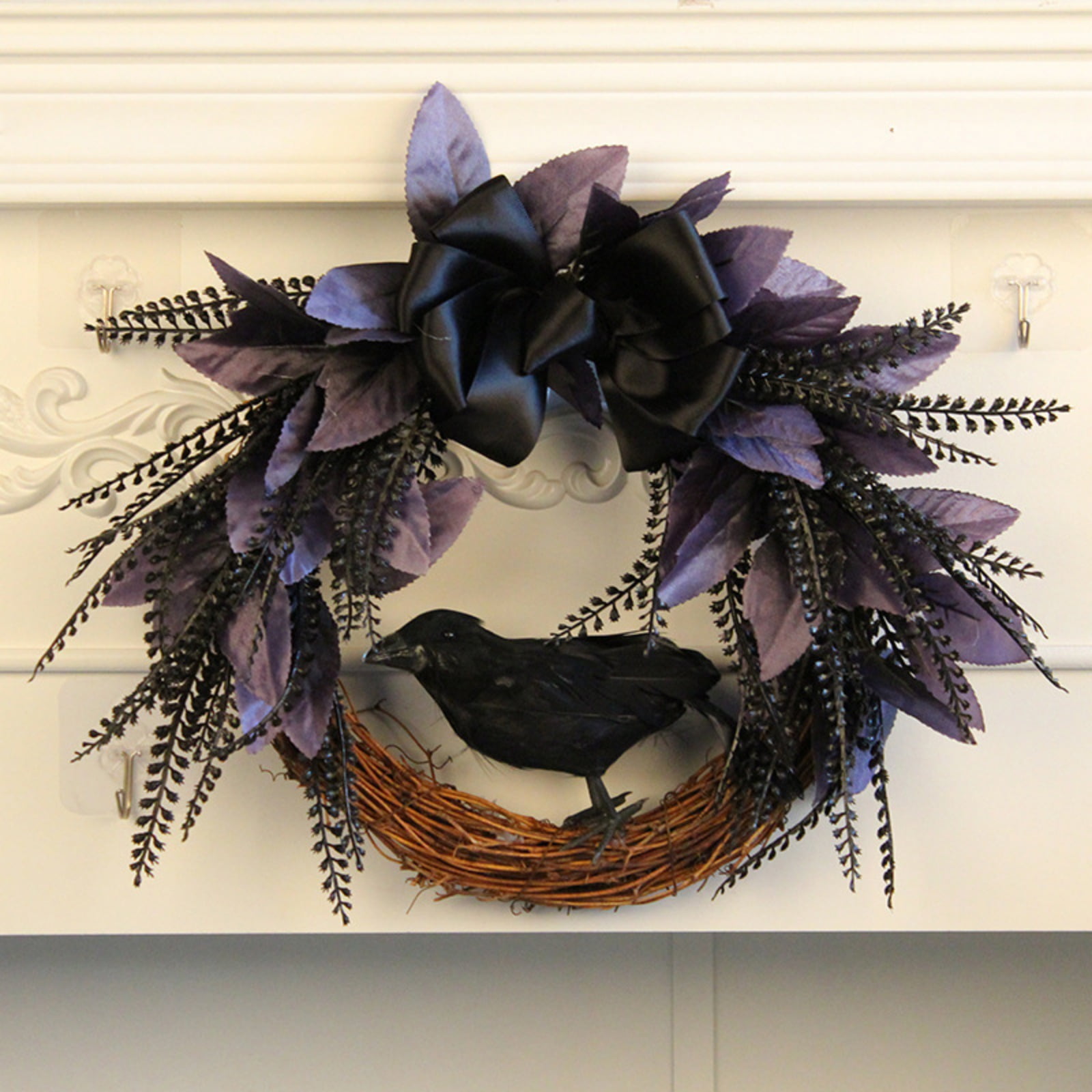 15.7" Halloween Wreath for Front Door, Halloween Crow Wreath with Bow ...
