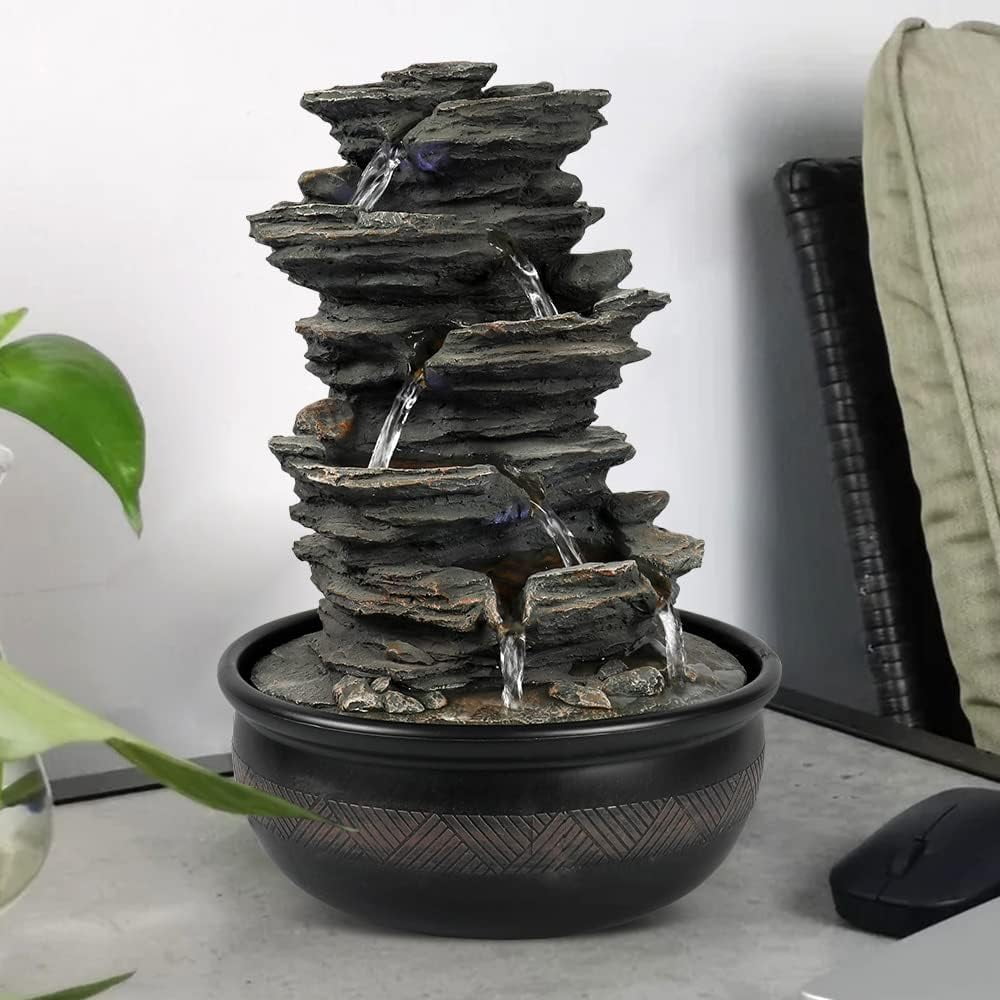 15.7” High Rock Falls Tabletop Water Fountain with LED Lights - 5-Tier ...