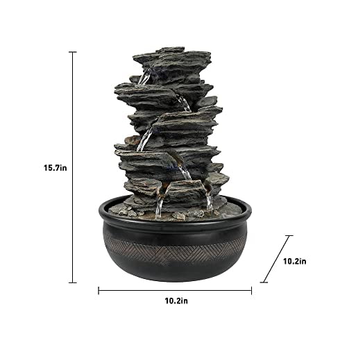 15.7” High Rock Falls Tabletop Water Fountain with LED Lights - 5-Tier ...