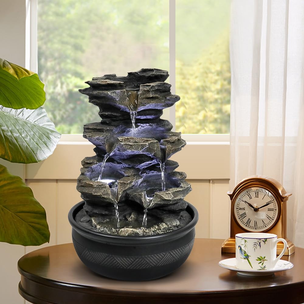15.7 Inch Cascading Water Fountain with LED Lights, Realistic Rock ...
