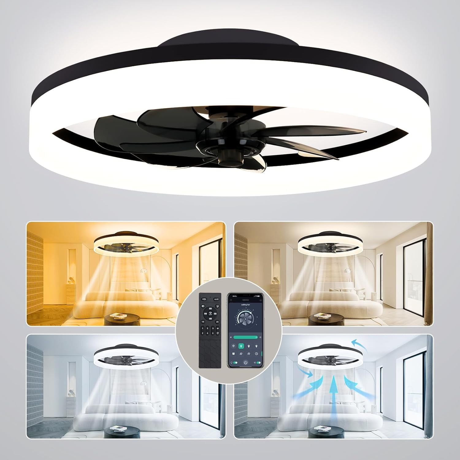 15.7 Inch Ceiling Fan with Light and Remote Control, Adjustable Color ...