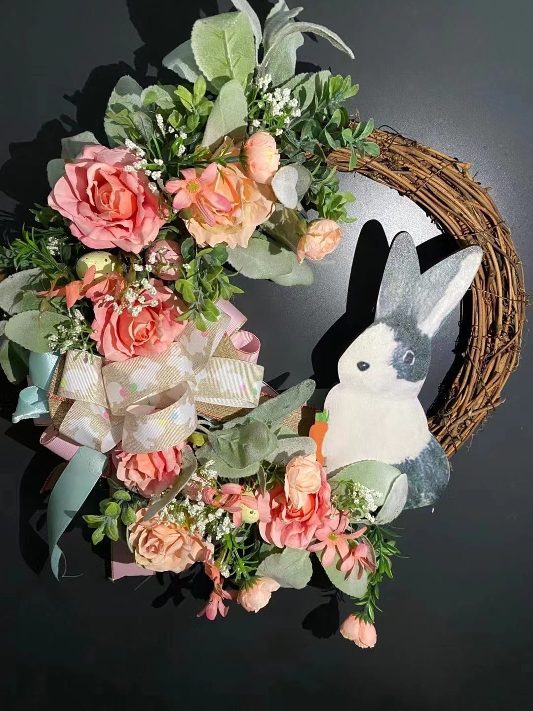 15.7 Inch Easter Bunny Wreaths, Rabbit Wreaths with Artificial Flower ...
