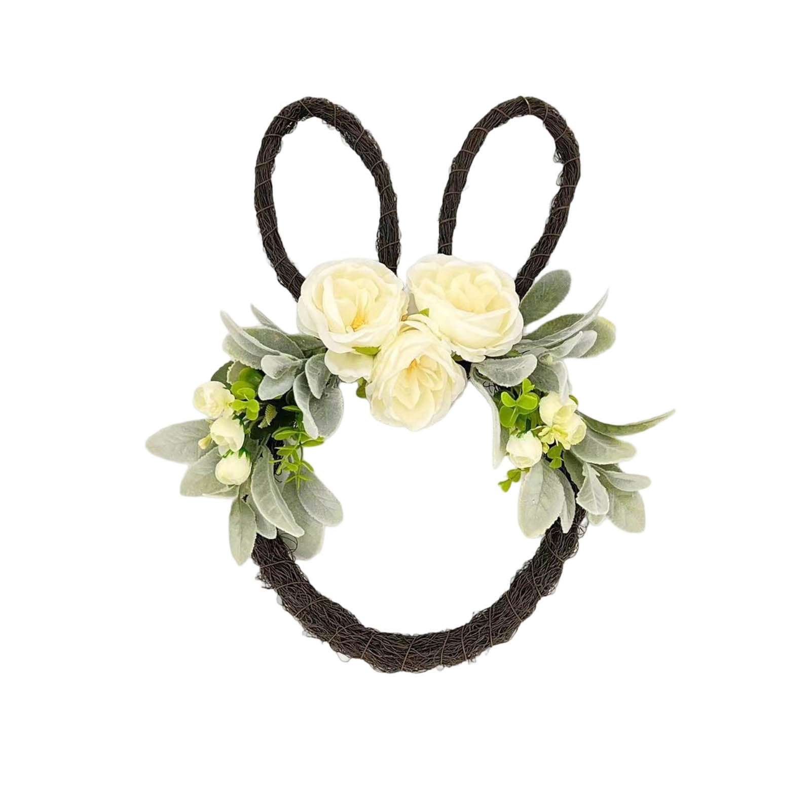 15.7 Inch Farmhouse Bunny Ear Wreath with White Roses & Lamb's Ear ...