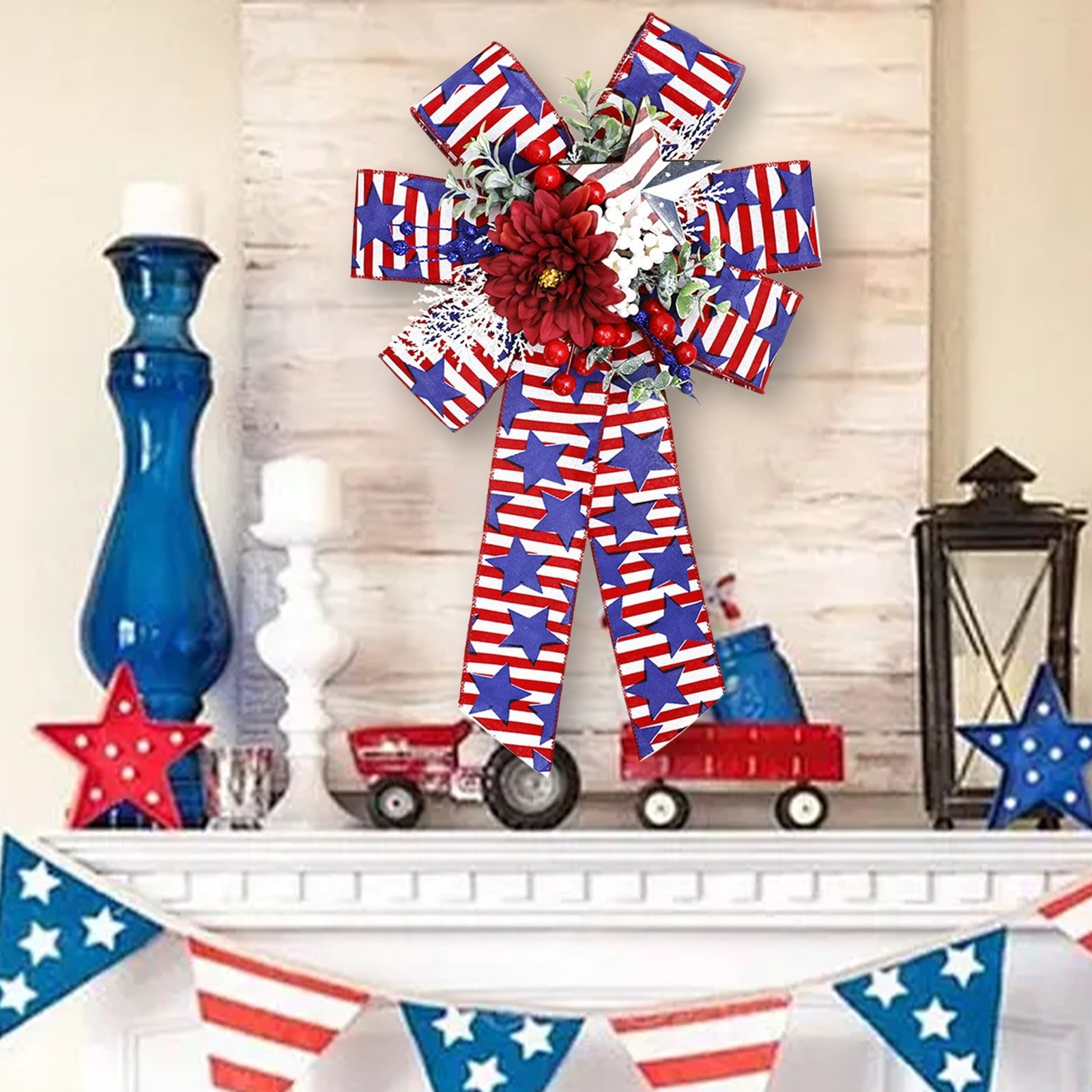 15.7 Inch Large Patriotic Wreath Bow with USA Flag Stars Stripes Ribbon ...