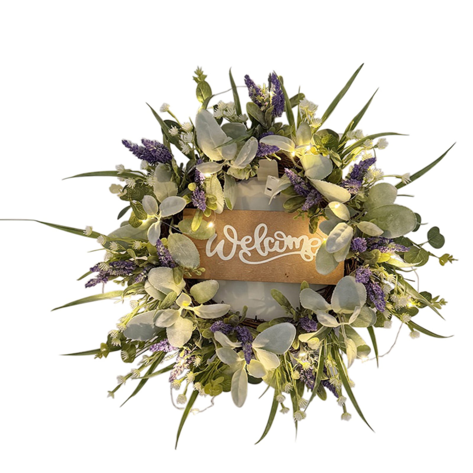 15.7" Lighted Spring Everyday Lamb Ears Leaves Wreath with Lavender and ...