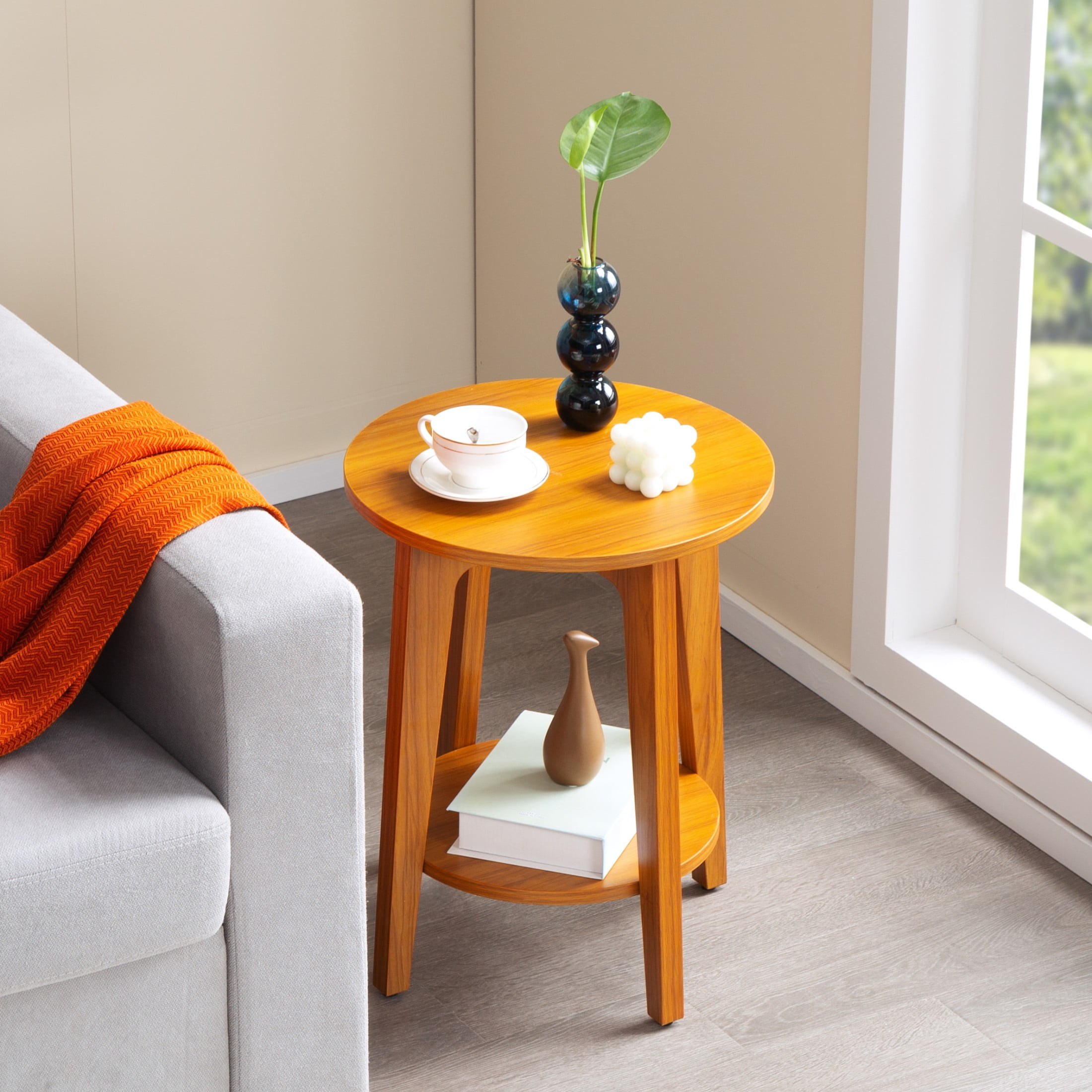 15.7” Modern Side Table with 2-Tier Storage, Walnut MDF, Non-Slip Feet ...