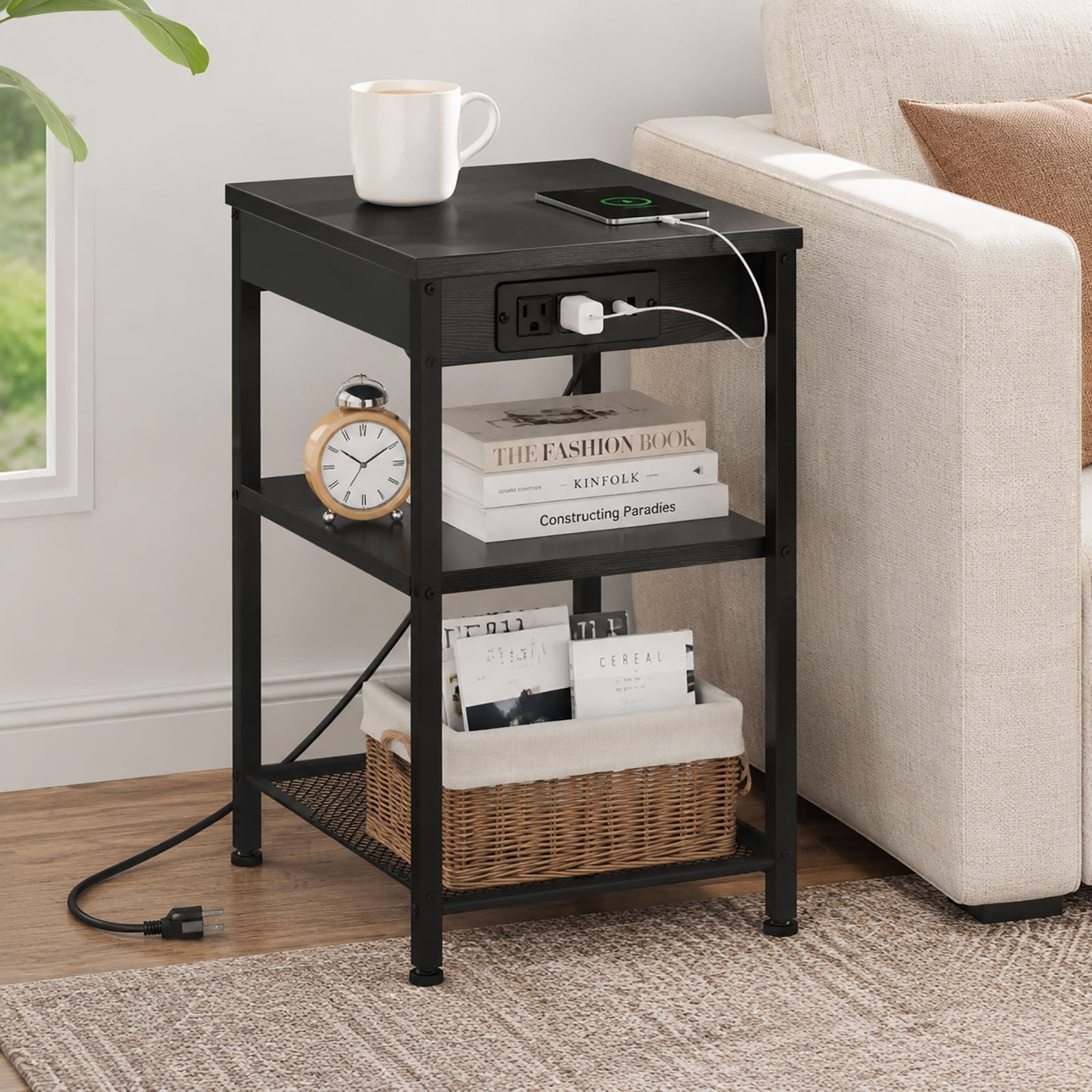 15.7" Small Side Table with Charging Station, USB & Socket, 3-Layer ...