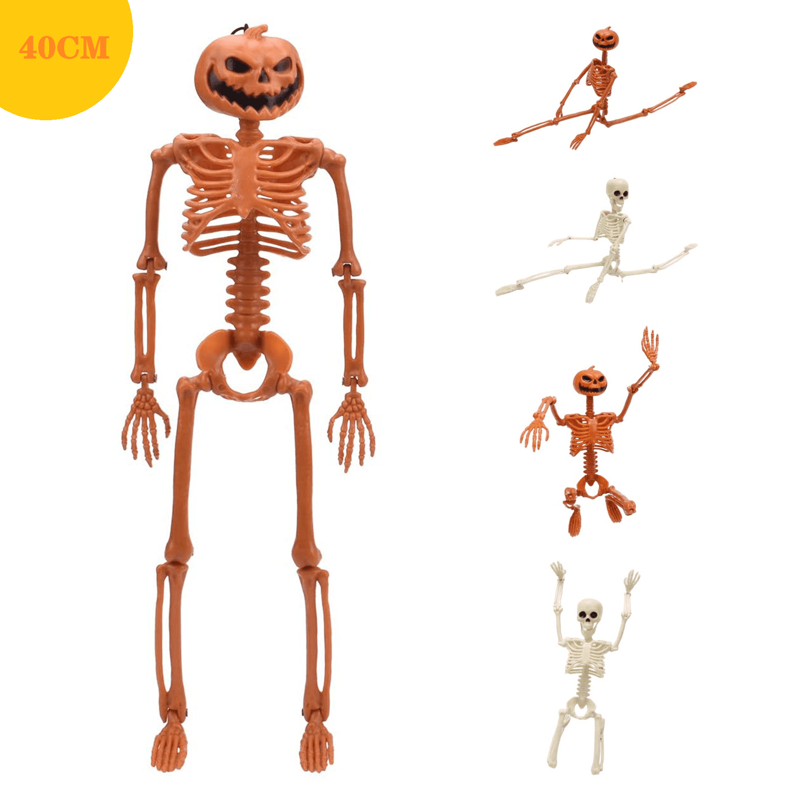 15.7'' Spooky Halloween Posable Skeleton - Pumpkin Skull Full Body ...