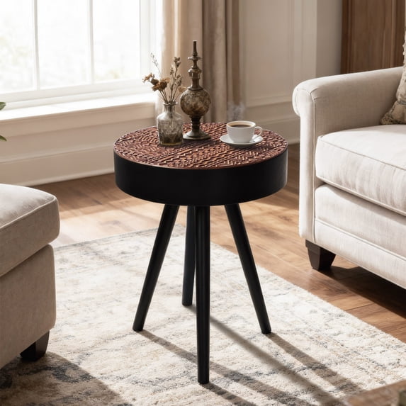 15.7-inch Round Coffee Table with Carved Top, Ideal Small Drink Table ...