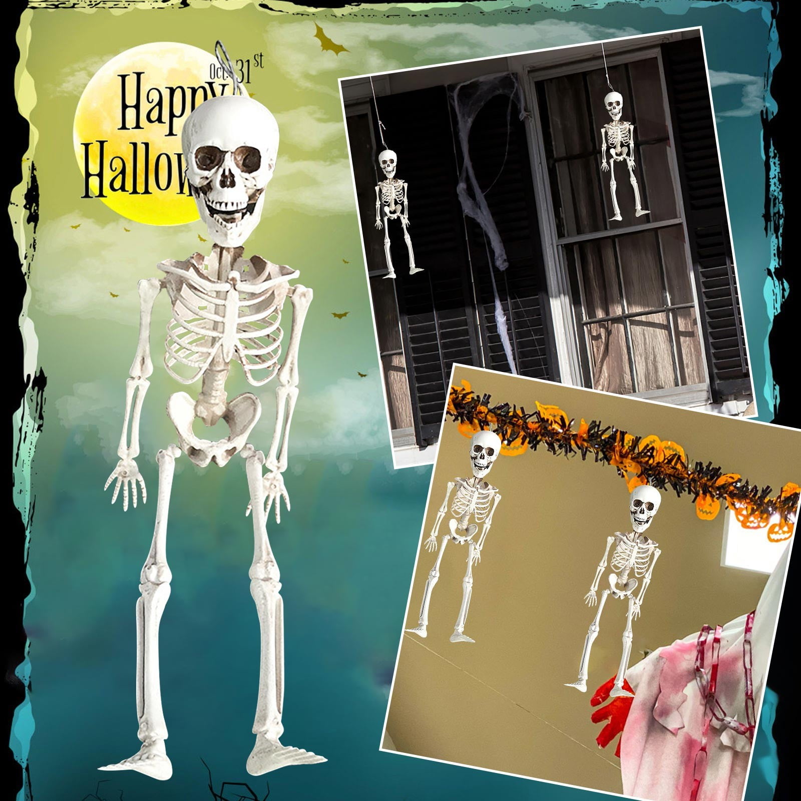 15.74" Skeleton Halloween Decorations, Realistic Full Body Movable ...