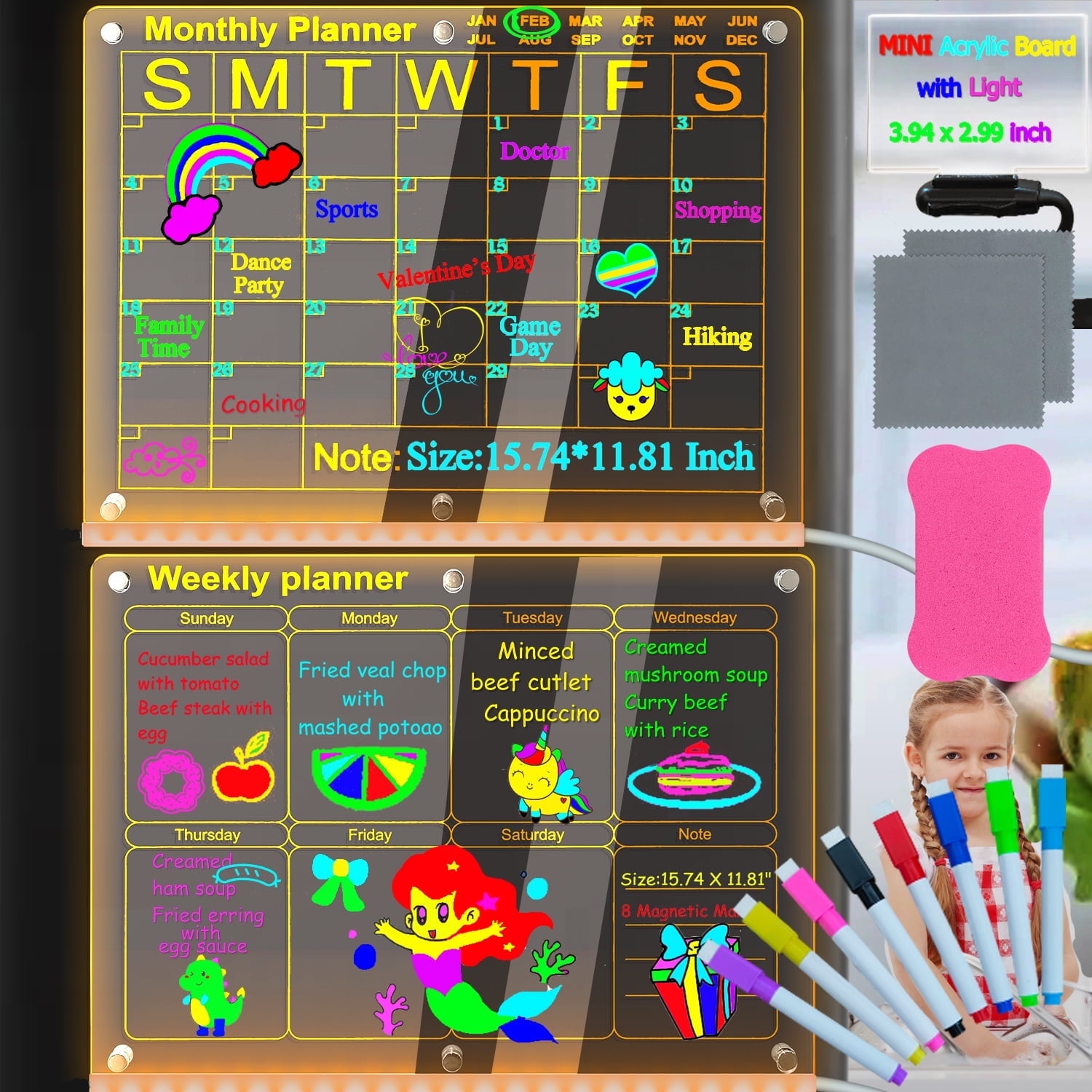 15.74x11.81” Glowing Magnetic Acrylic Calendar for Fridge,2 Pack ...