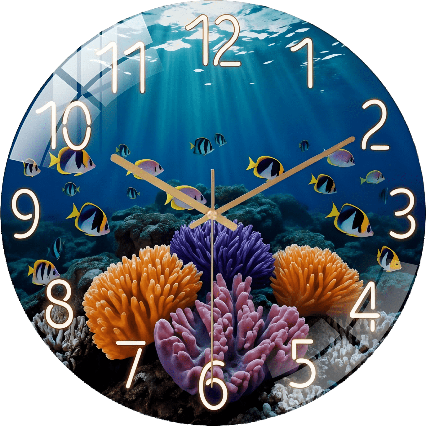 15.75 Inch Dark Blue Ocean Coral Fish Pattern Glass Wall Clock, Aa ...
