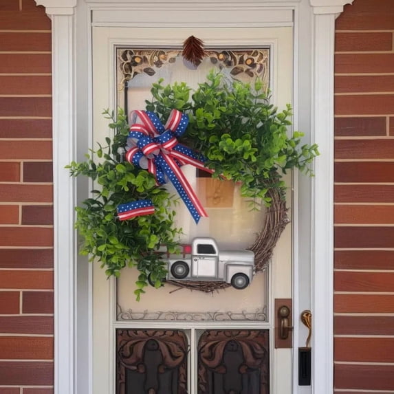 15.75 Inch Patriotic Farmhouse Truck Wreath with Eucalyptus Leaves Red ...