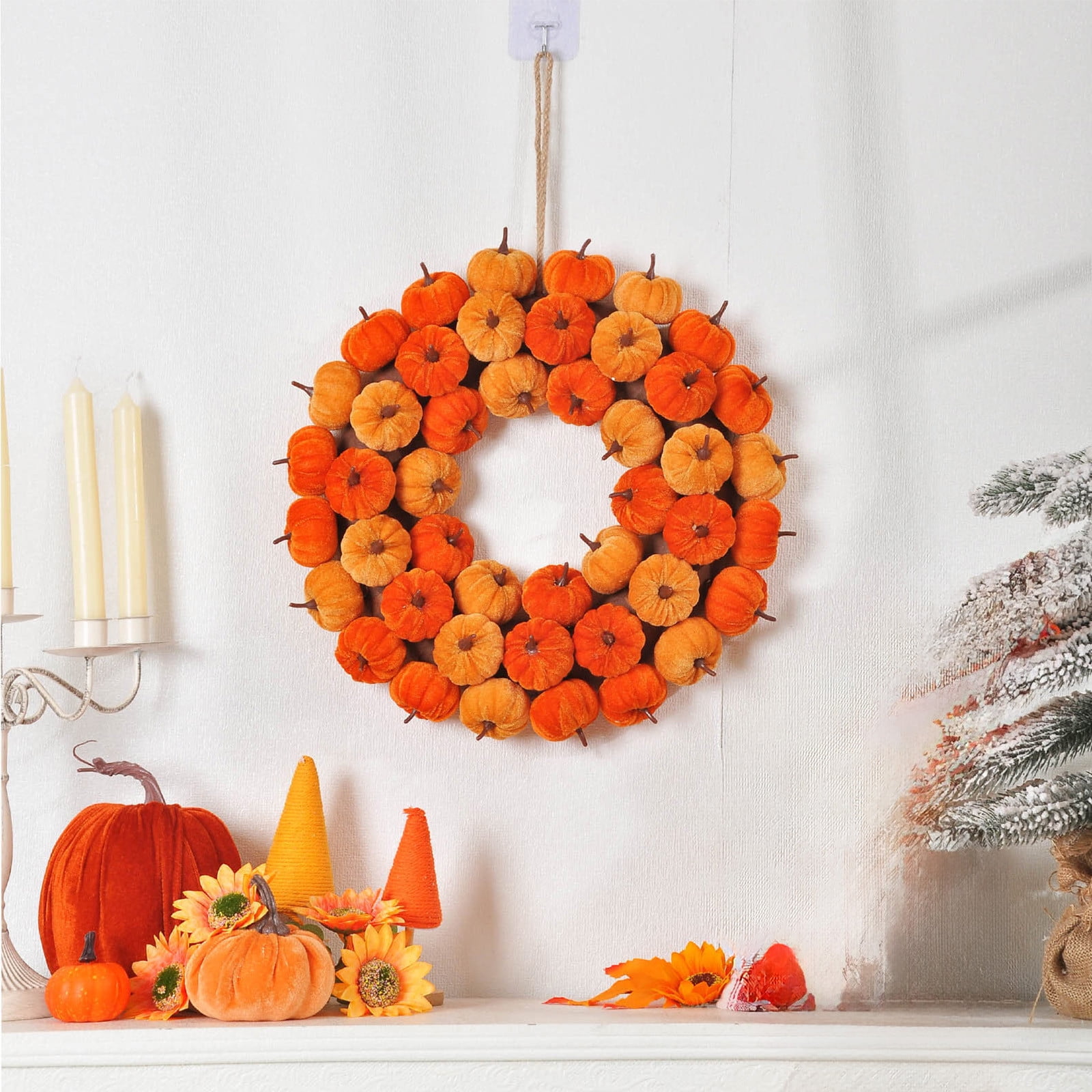 15.75 Inch Pre-Lit Pumpkin Wreath, Thanksgiving Halloween Door Decor ...