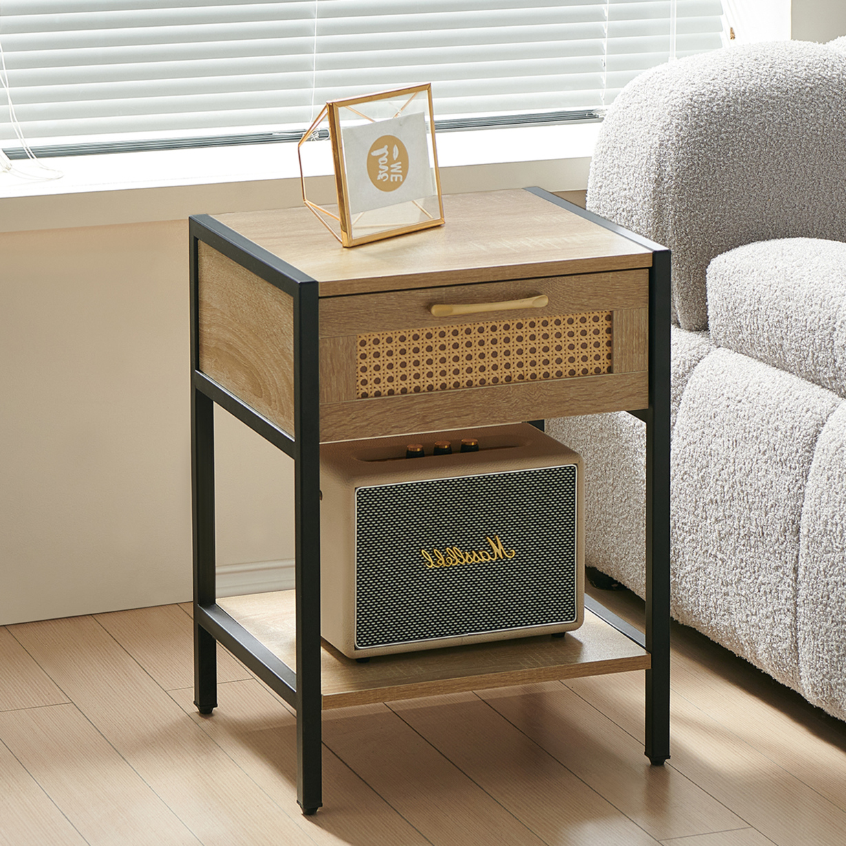 15.75" Nightstand with Rattan Drawer, Modern End Table with Open bottom ...