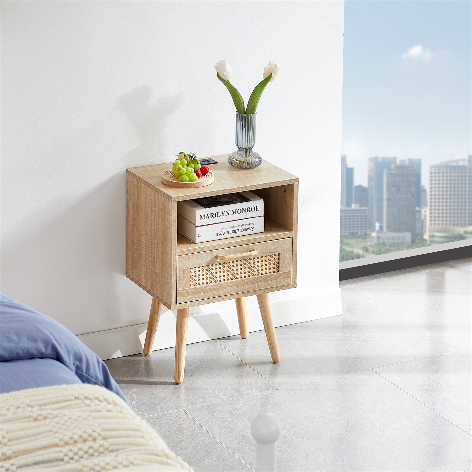 15.75" Rattan End table with Power Outlet & USB Ports, Modern ...