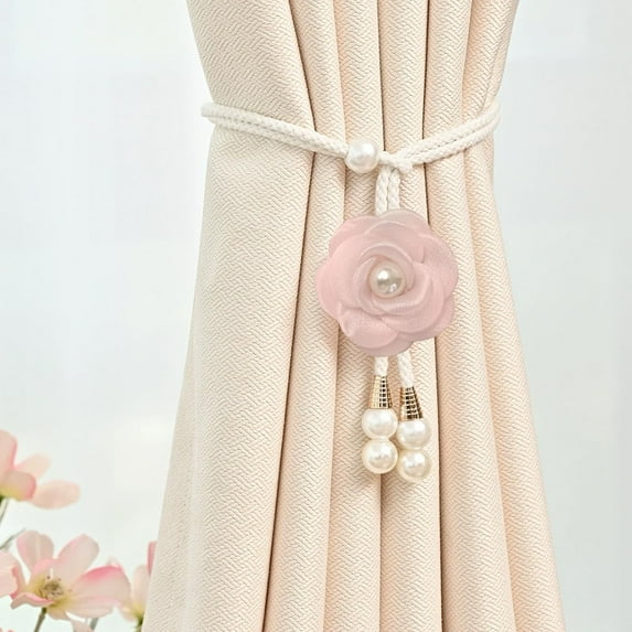 15.75in Elegant Camellia Curtain Tiebacks, Adjustable Pearl Tying Cord ...