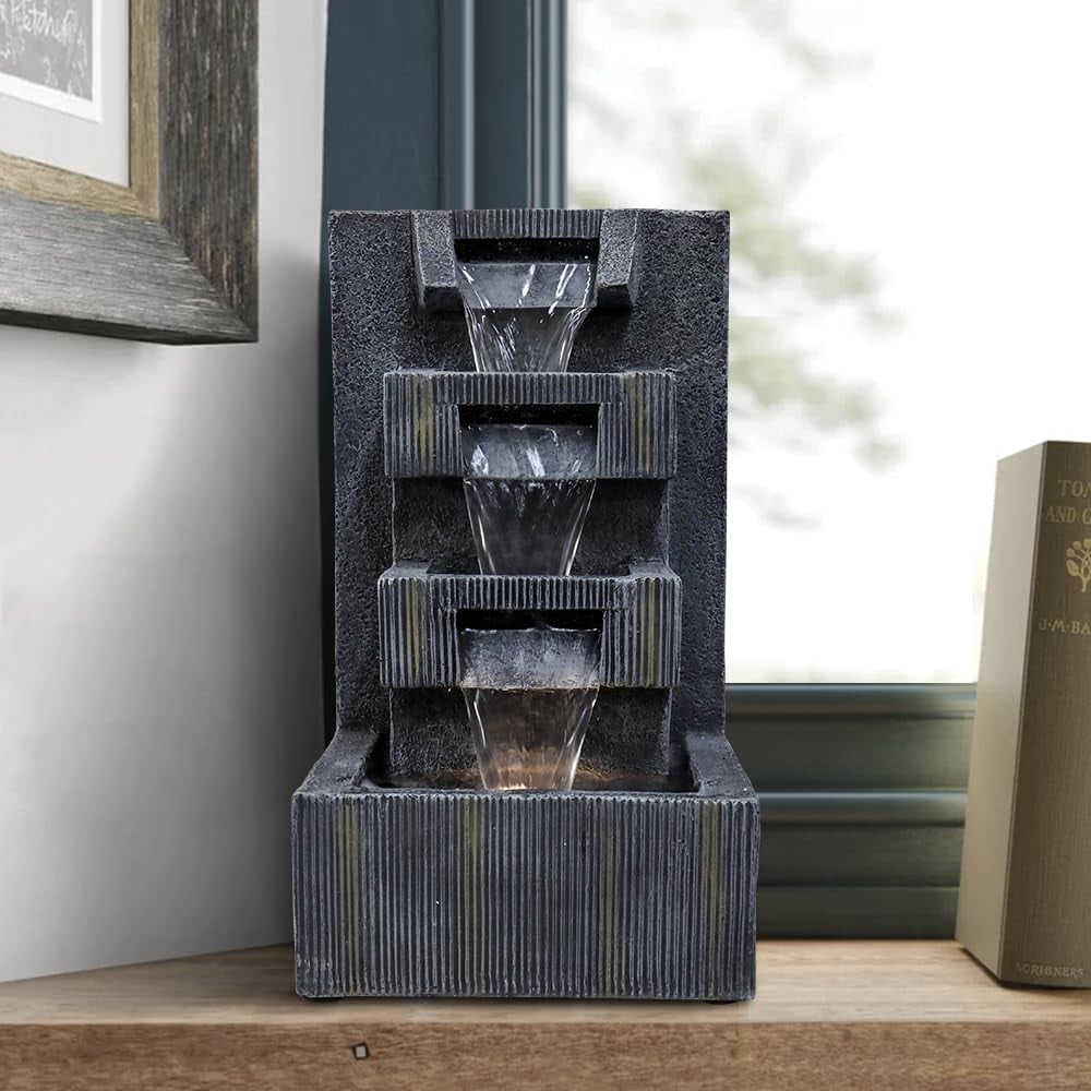 15.7inches Tabletop Water Fountain with LED Light, 4-Tiers Indoor Zen ...