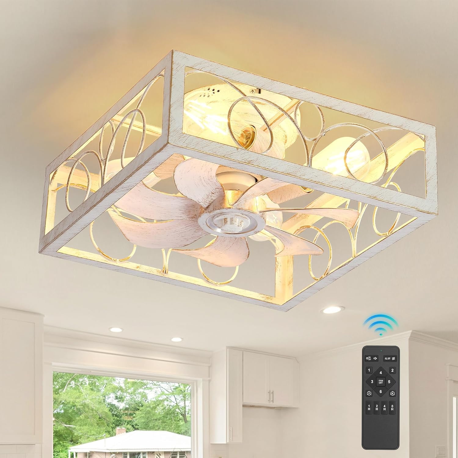 15.8 inch Caged Flush Mount Ceiling Fans with Lights and Remote, Modern Square Low Profile ...