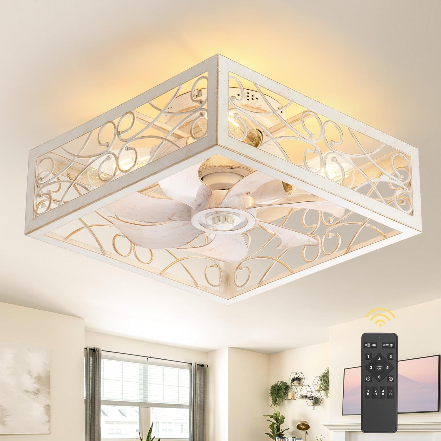 15.8 inch Caged Flush Mount Ceiling Fans with Lights and Remote, Modern ...