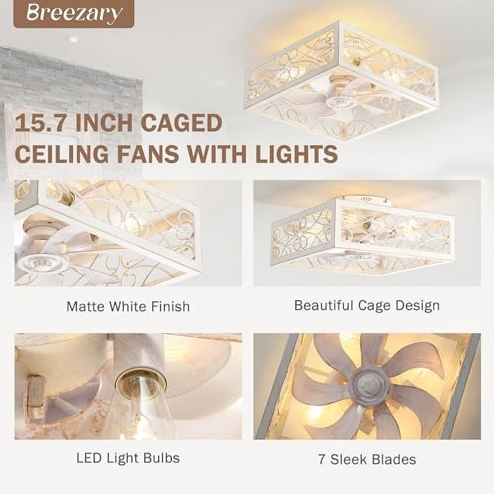 15.8 inch Caged Flush Mount Ceiling Fans with Lights and Remote, Modern ...
