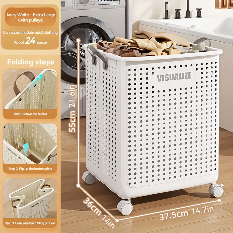 15.85Gal Foldable Wheeled Laundry Basket | Faux Leather, Solid Color ...