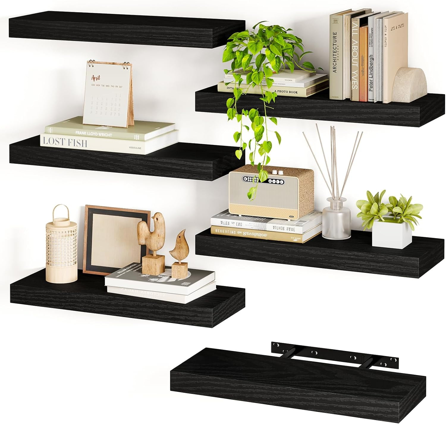 15.8in Black Floating Shelves, Set of 6 Wood Shelves, Farmhouse Shelf ...