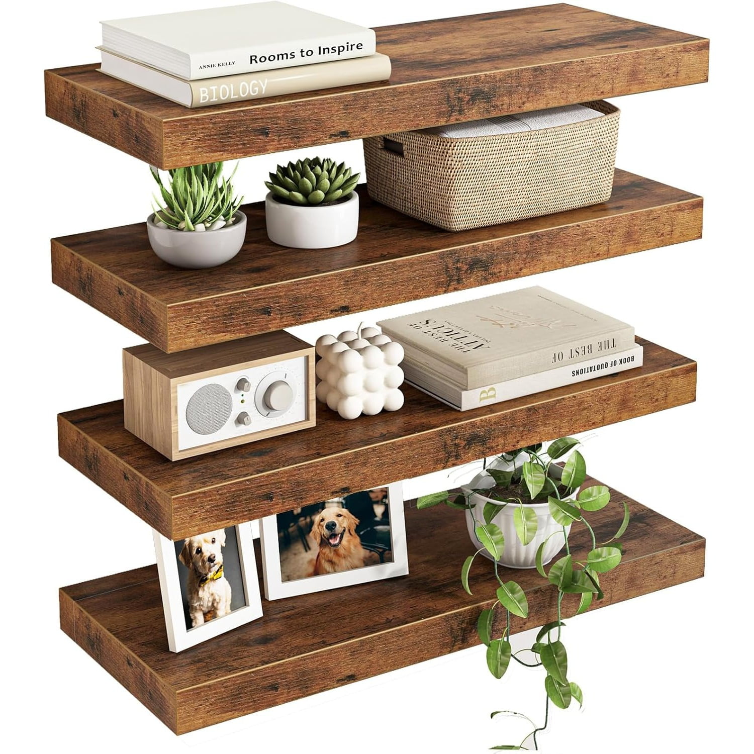 15.8in Wall Shelves, Rustic Wood Finish Floating Shelves Set of 4 ...