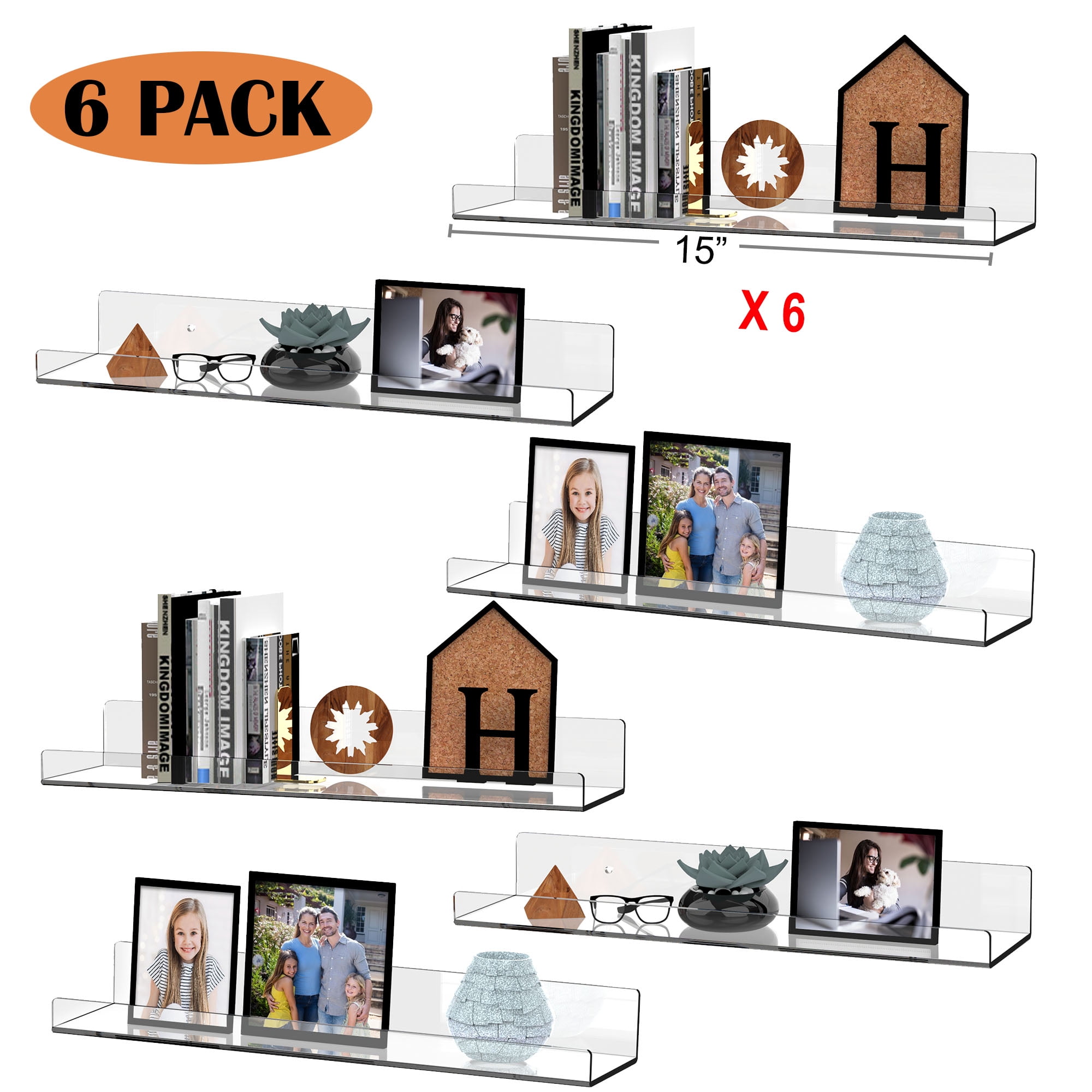 "15"" Acrylic Floating Shelves Wall Mounted, 6 Pack Clear Display ...