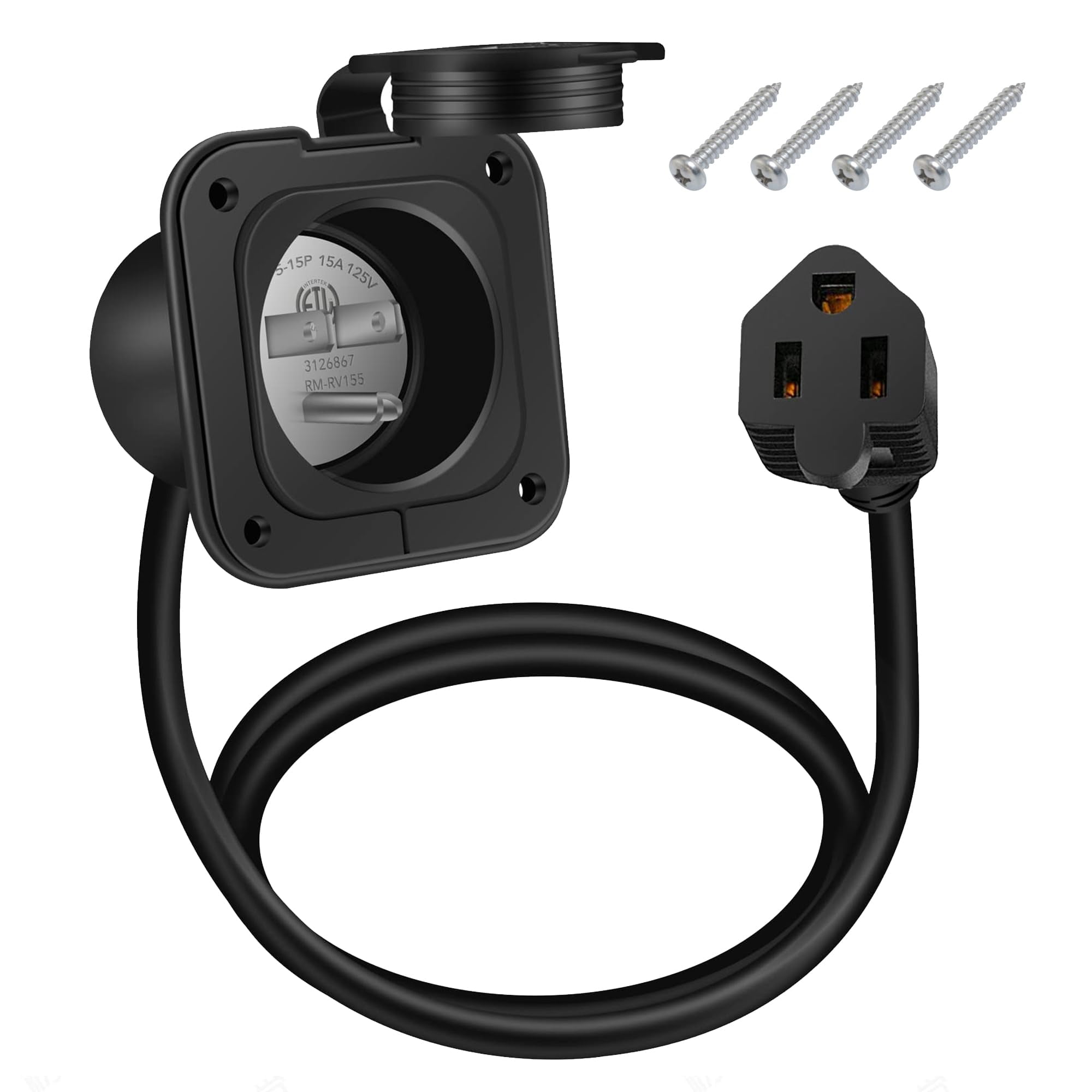 15 Amp RV Shore Power Inlet, 125V Flanged Inlet AC Power Inlet Port Plug NEMA 5-15P RV Outlet ...