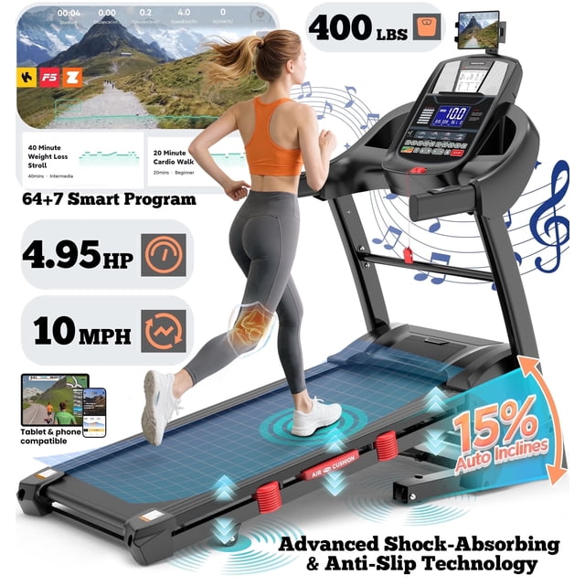 15% Auto Incline Treadmill, 4.95HP Folding treadmill 300-400lb Capacity ...