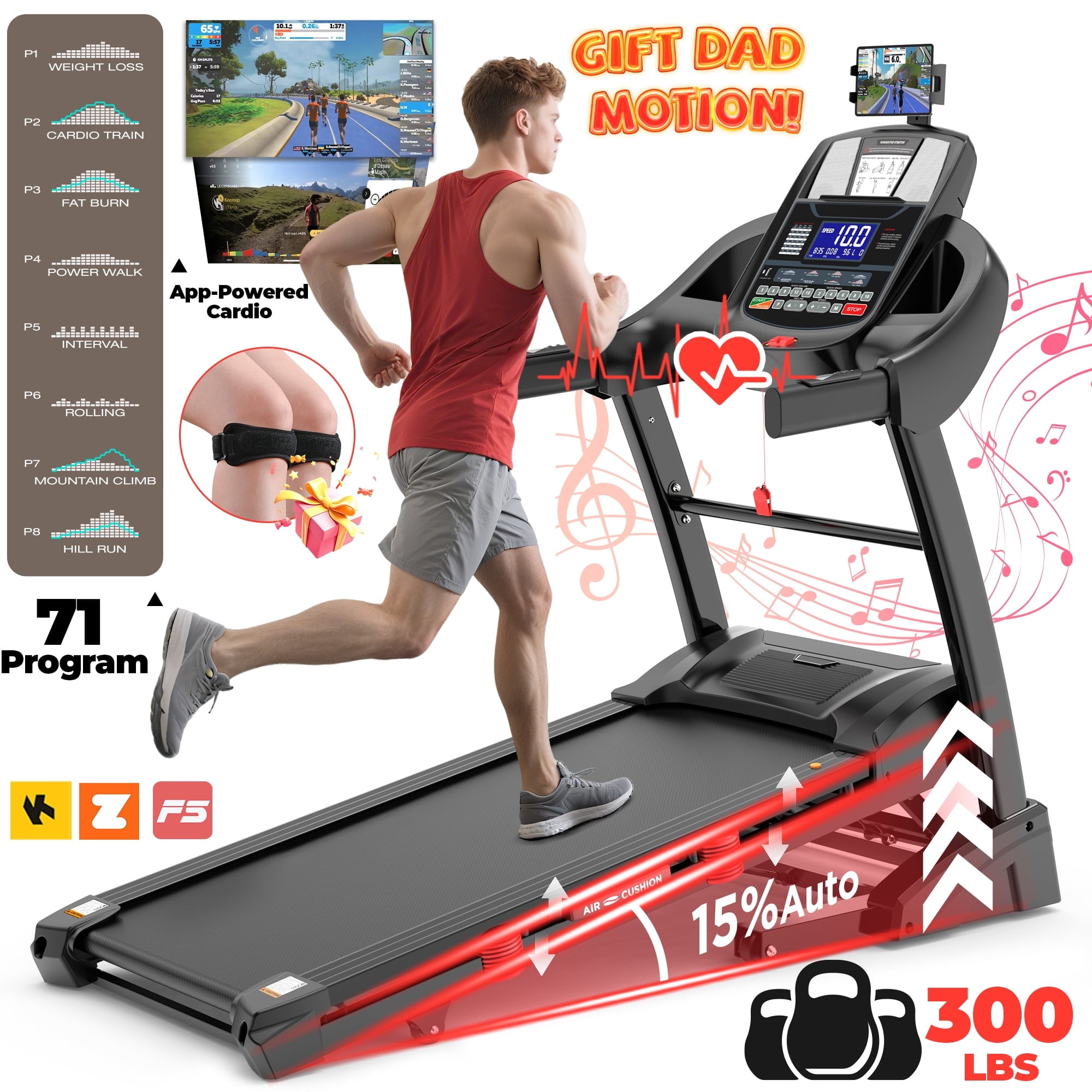 15% Auto Incline Treadmill 5.1HP for Home, Folding Treadmill w/ 300LB ...